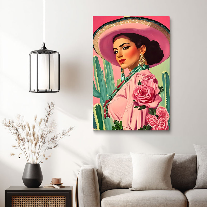 East Urban Home Vibrant “Pink Sombrero Mexican Woman” Folk Art Canvas ...