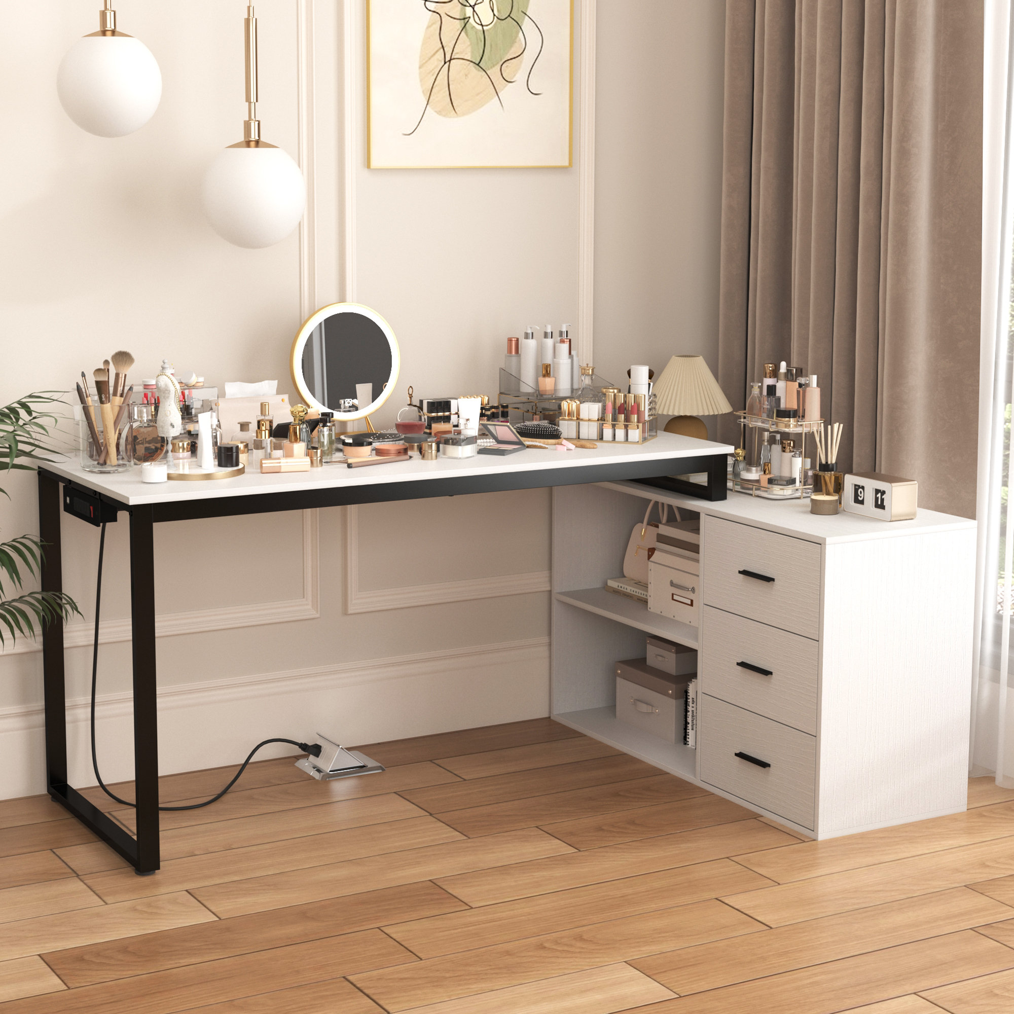 Ivy Bronx Makeup Vanity With 3 Drawers, Shelf Storage And Power Outlet ...