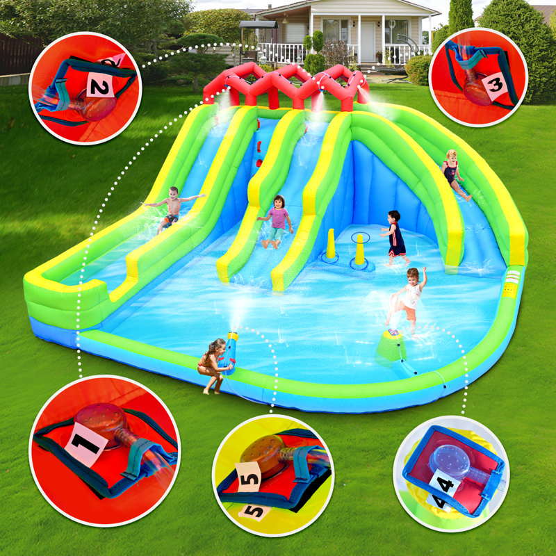 Homemaxs 7 In1 Inflatable Water Park Three Slide With Blower Water Gun ...