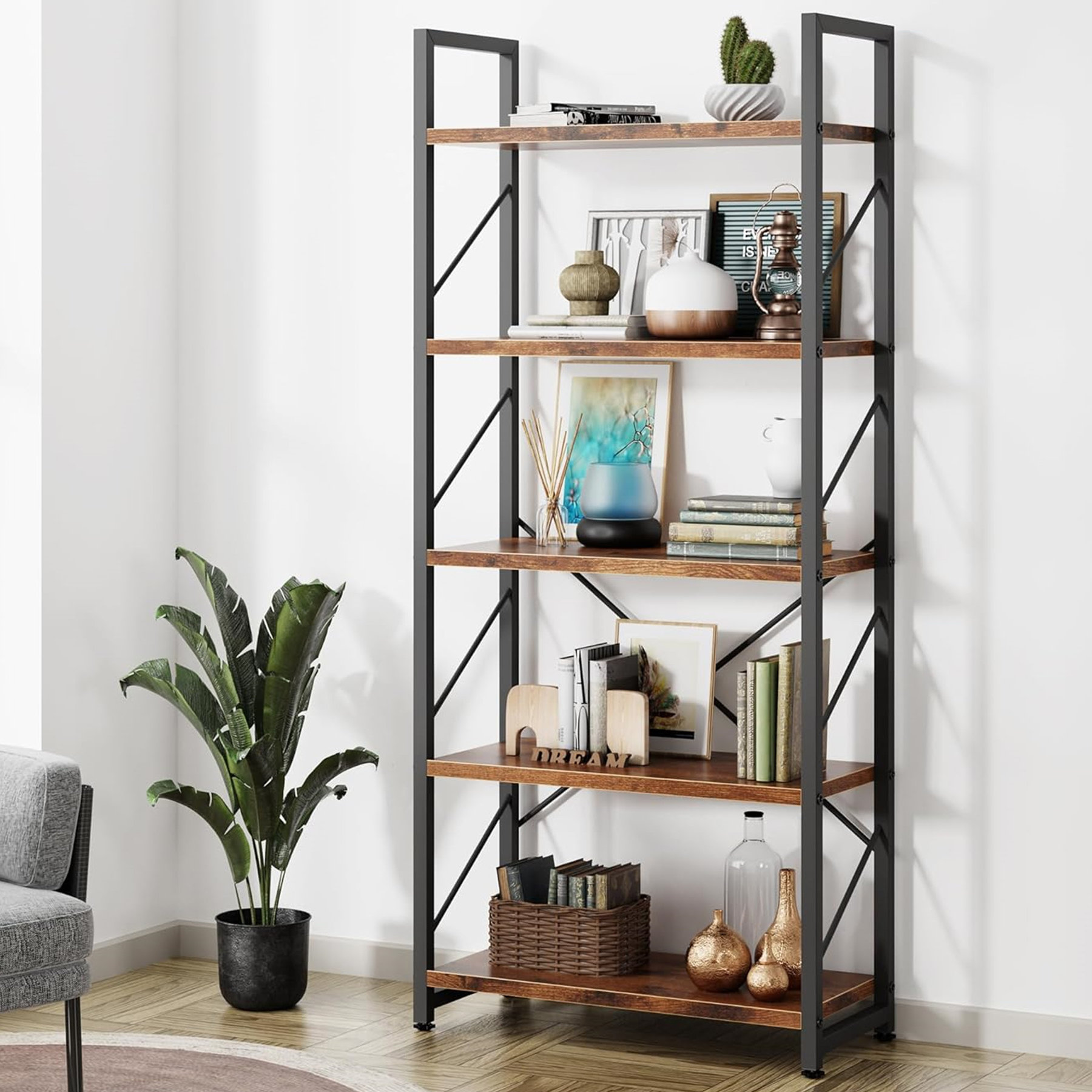 17 Stories 5-tier Bookshelves, Home Office Bookcase, Shelf Storage ...