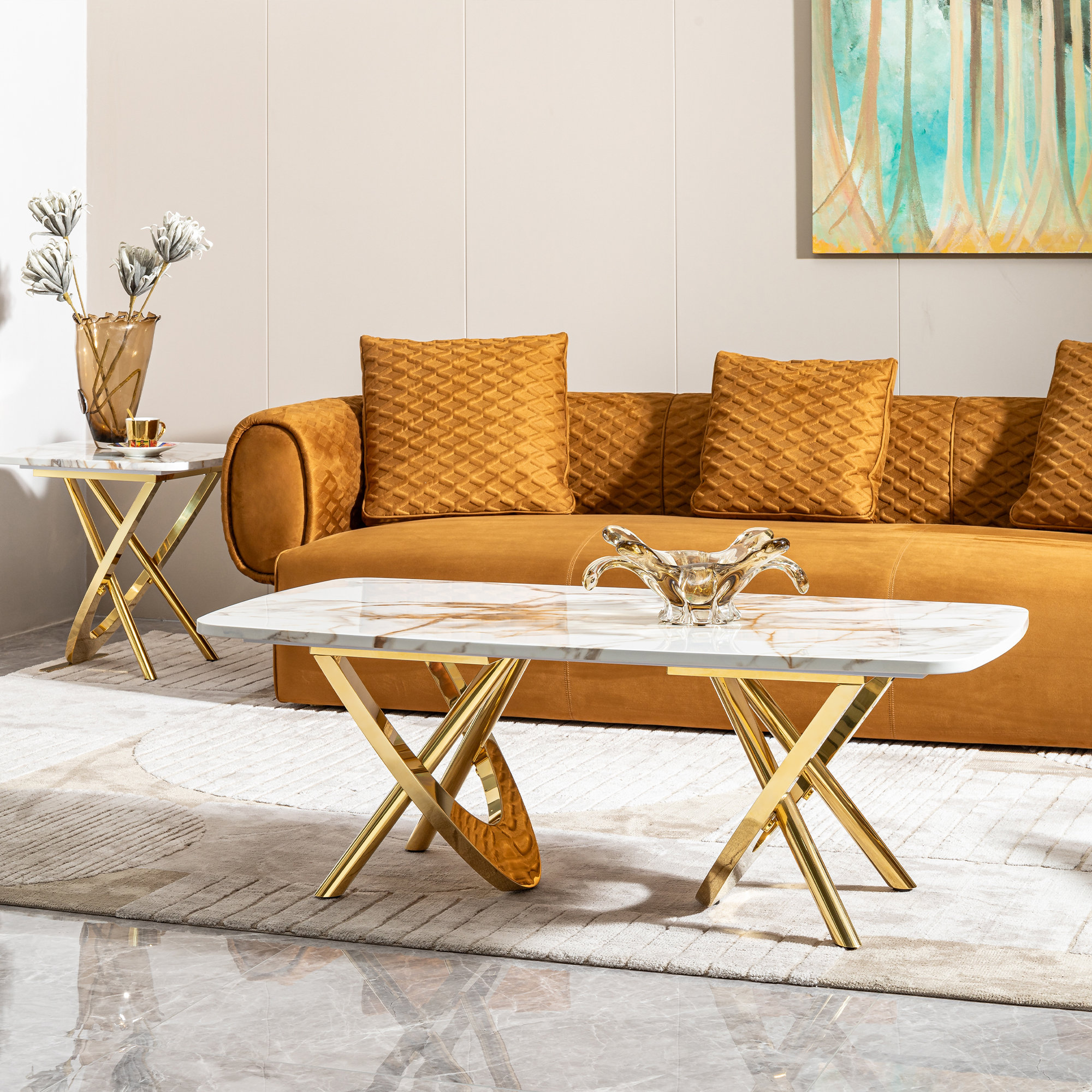 Everly Quinn Gold stainless steel marble pattern coffee table 50.78" L ...