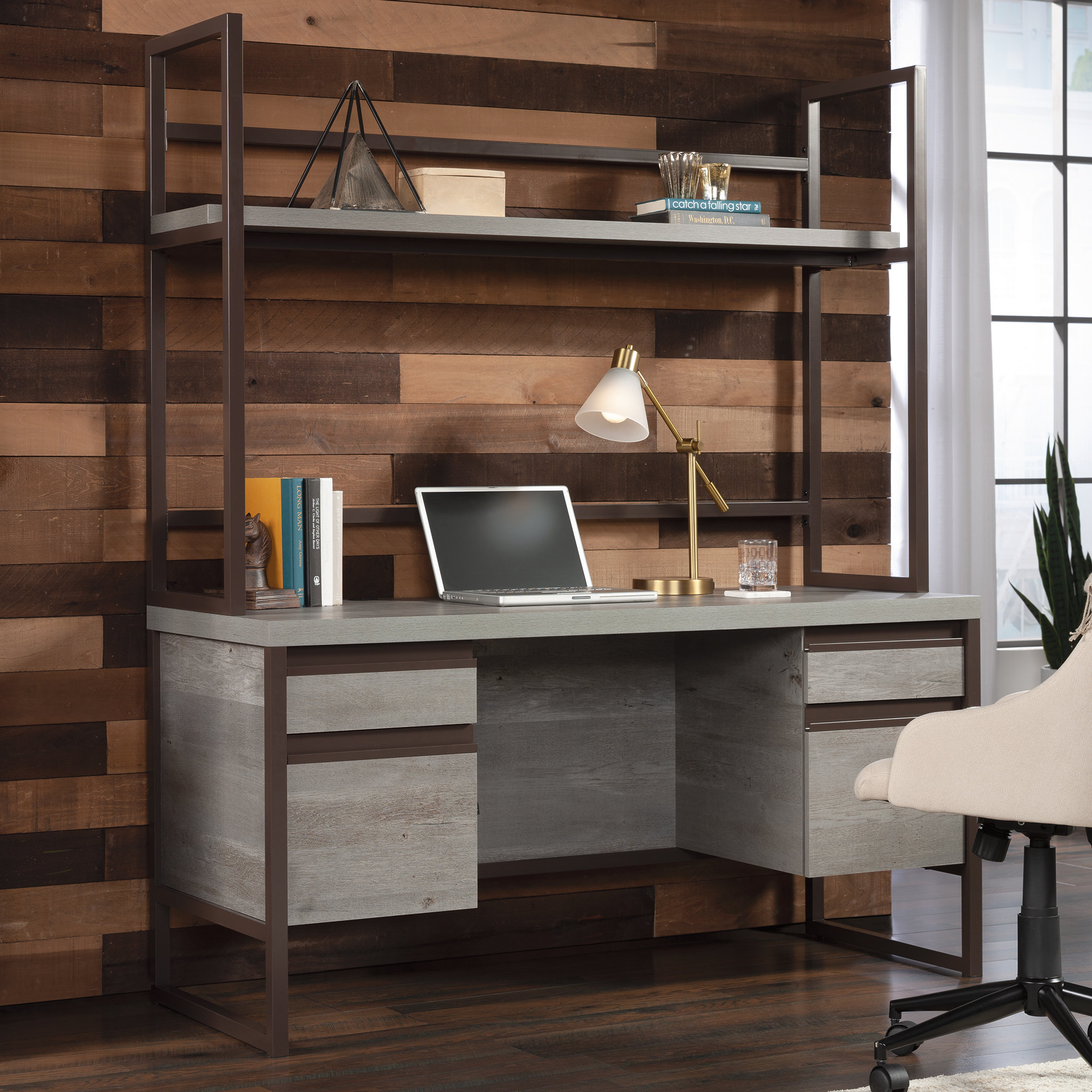 17 Stories Manhattan Gate Computer Desk Hutch Ste in Mystic Oak ...