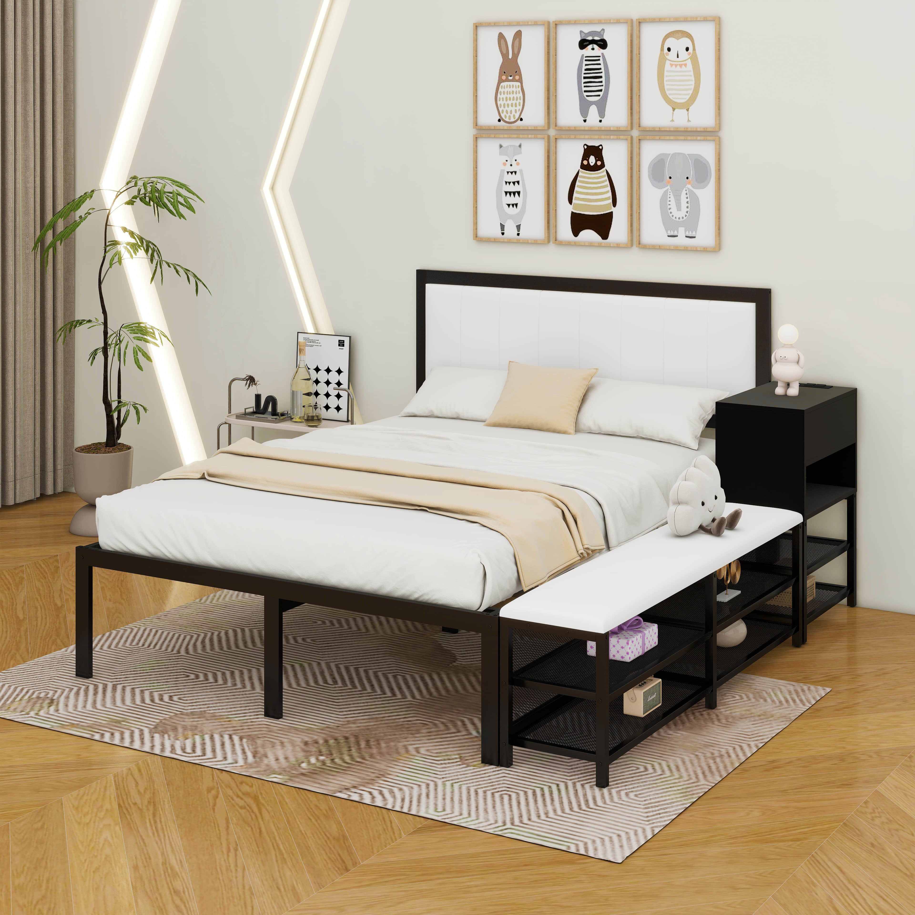 Hokku Designs Metal Platform Bed With Two-Tier Storage Shelves, Wooden ...
