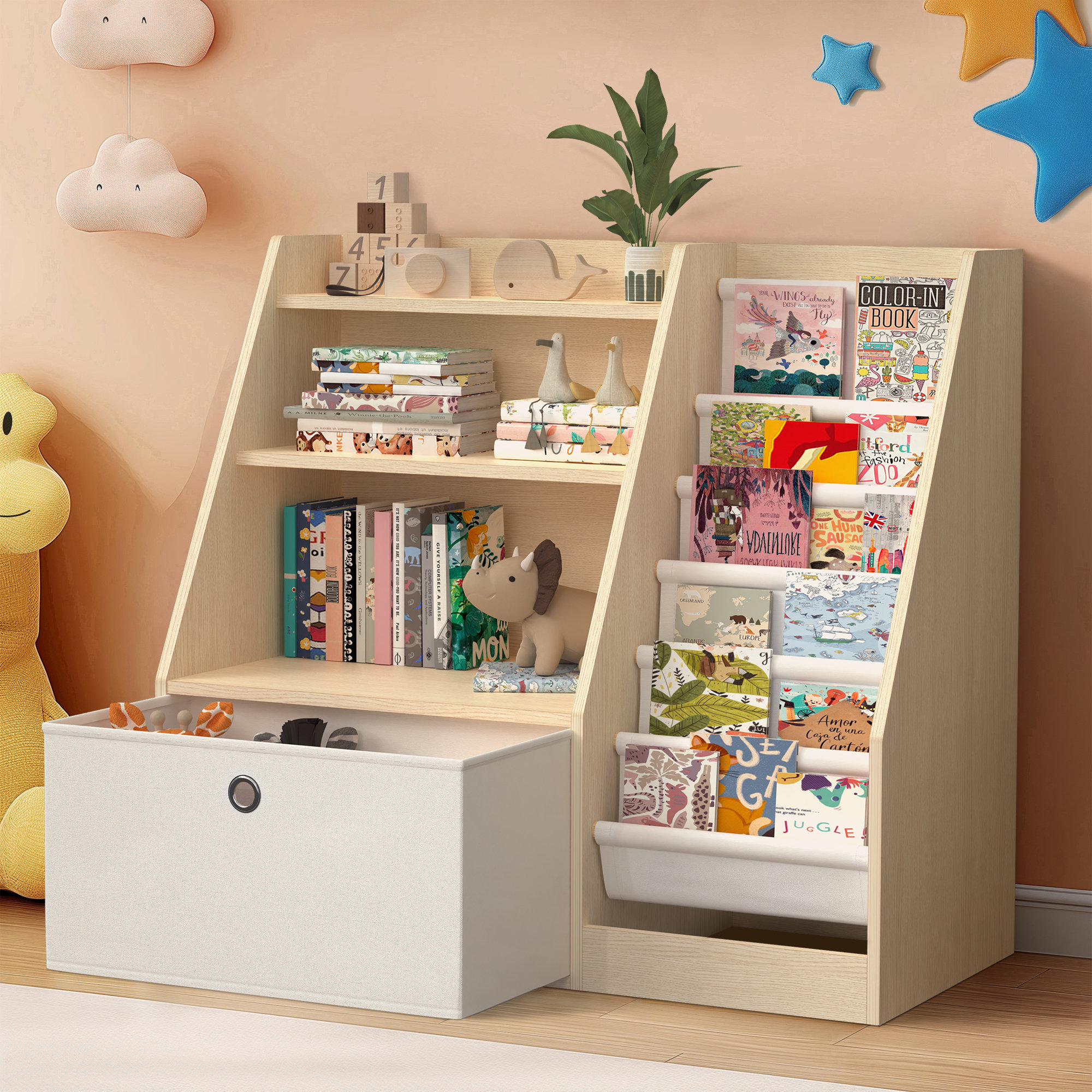 Latitude Run® 3 Tier Bookshelf, Natural Bookshelves with 4 Layer Sling ...