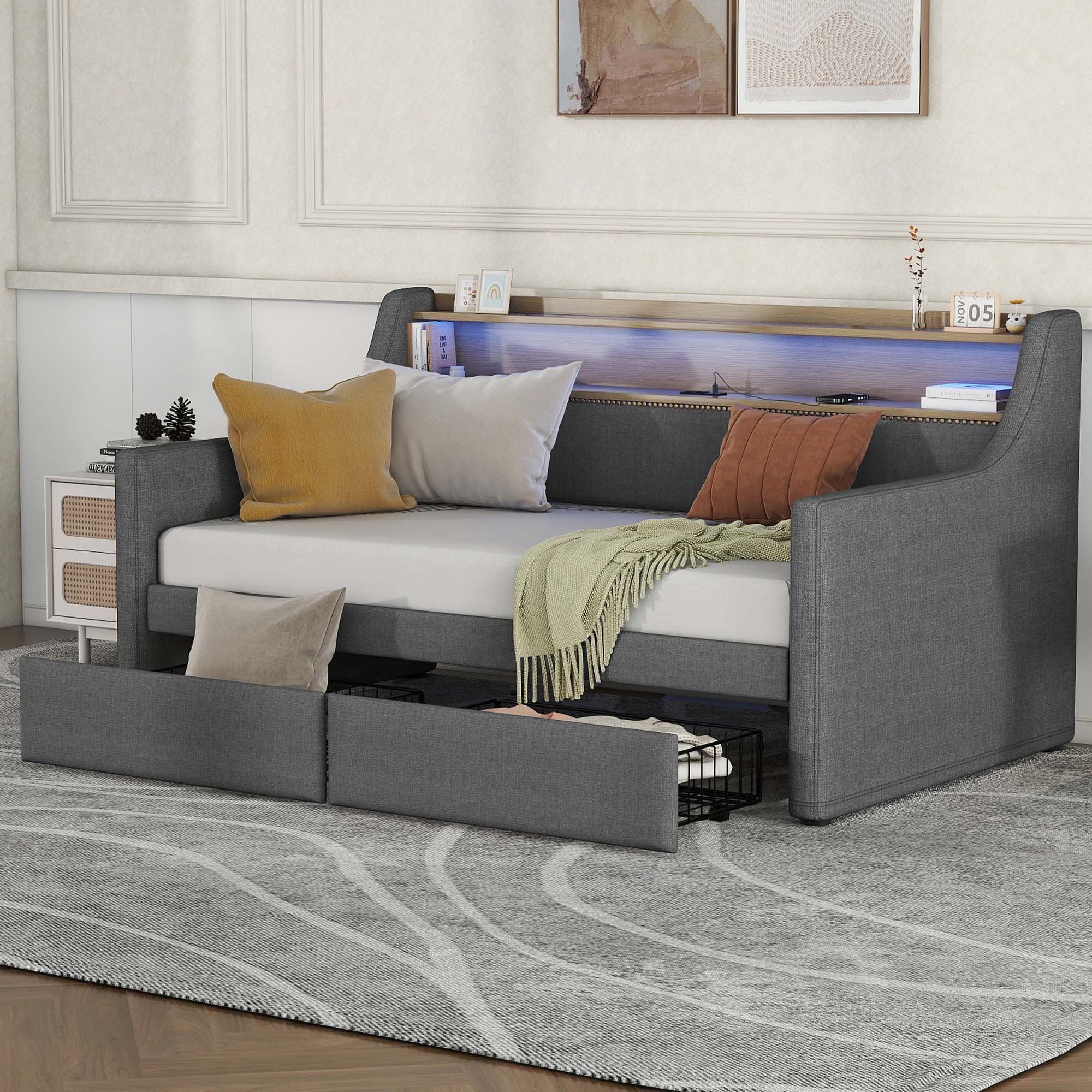 Orren Ellis Twin Size Daybed with Storage Drawers, Upholstered Daybed ...