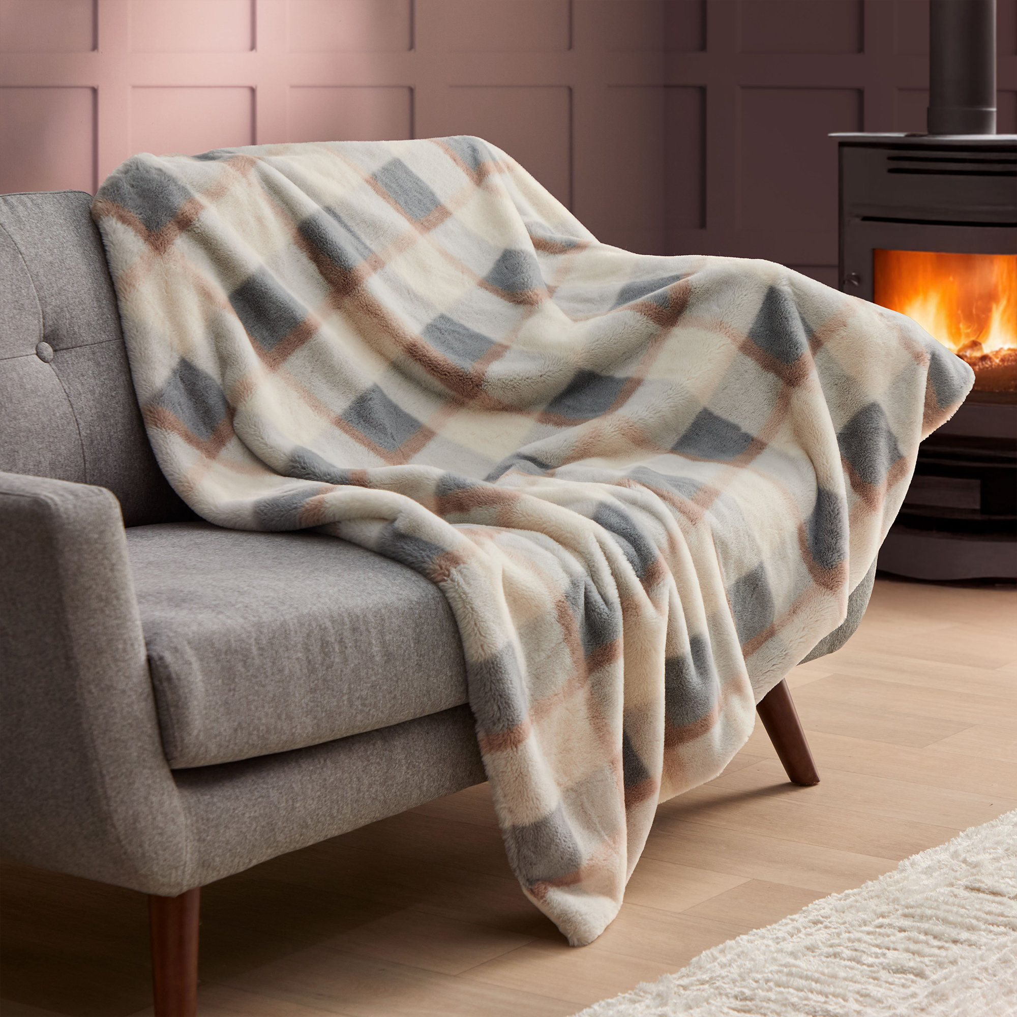 Silentnight Snugsie Faux Fur Throw In Natural Check | Wayfair.co.uk
