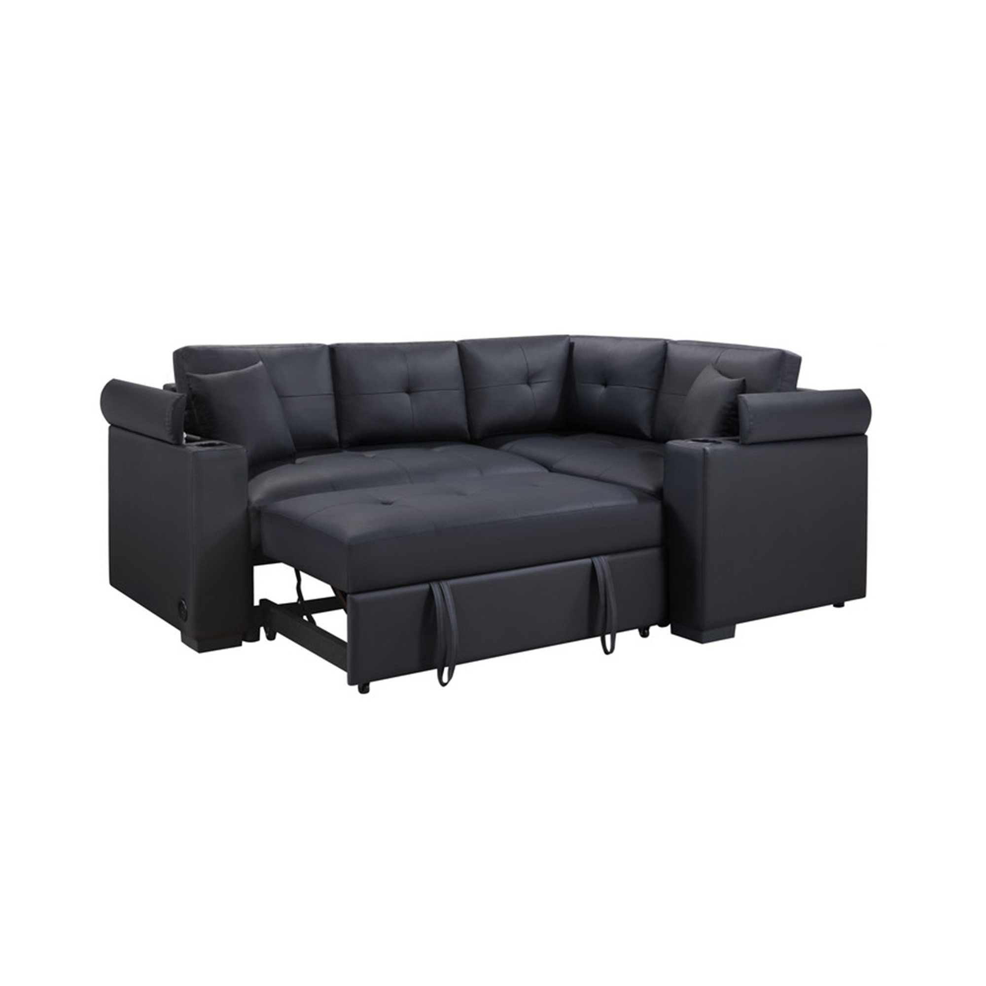 Hokku Designs Donovan 84.5"W Black PVC Fabric Sleeper Sectional with ...