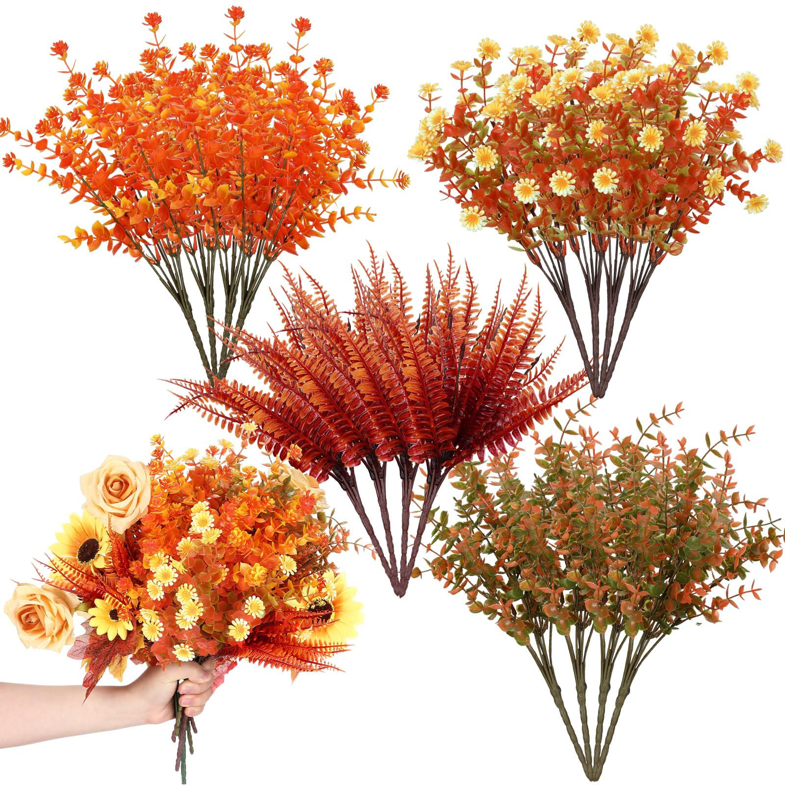 Primrue Artificial Fall Flowers Stem Faux Orange Eucalyptus Leaves ...