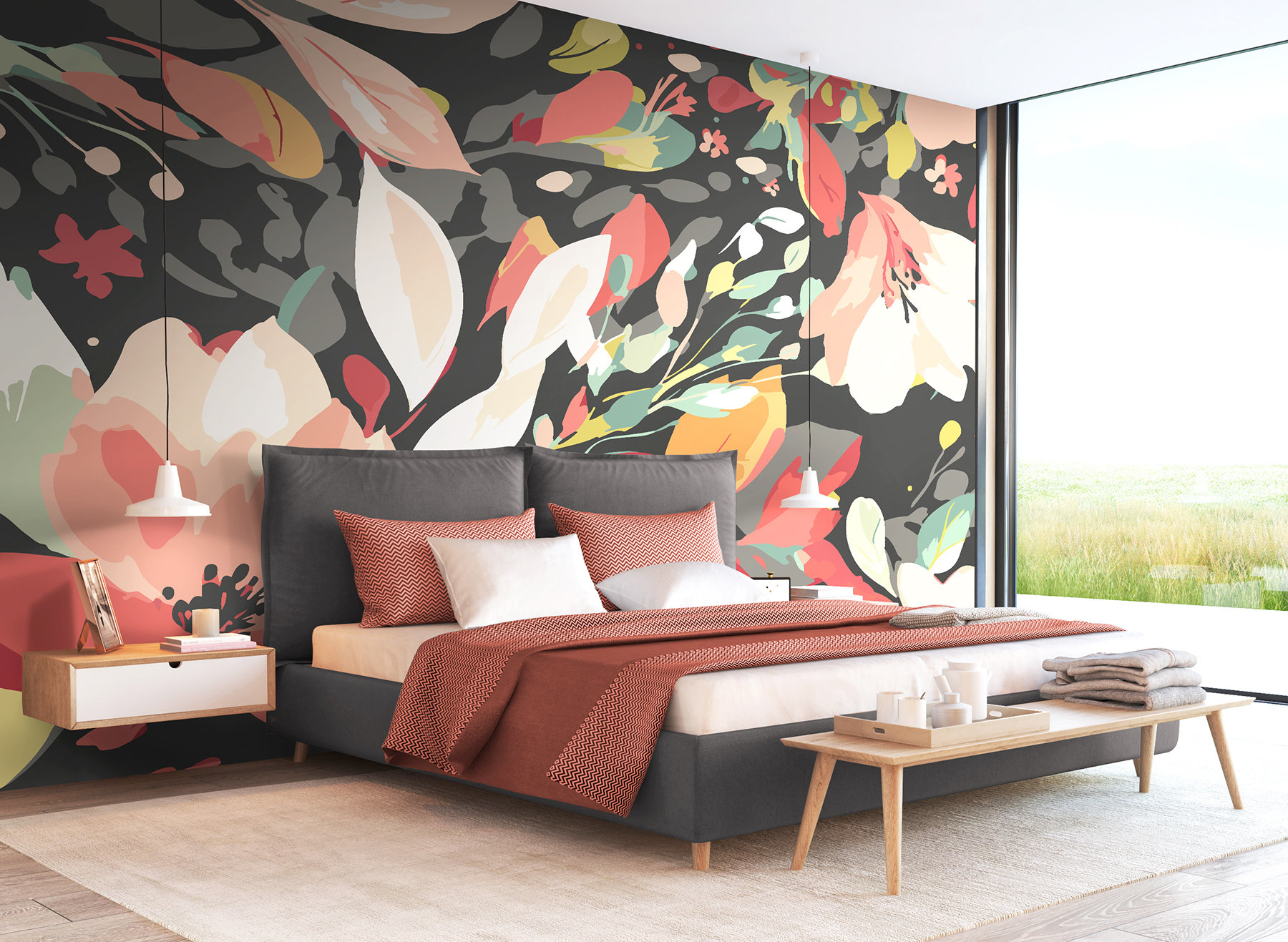 Dakota Fields Flowing Flowers Coral Wall Mural | Wayfair