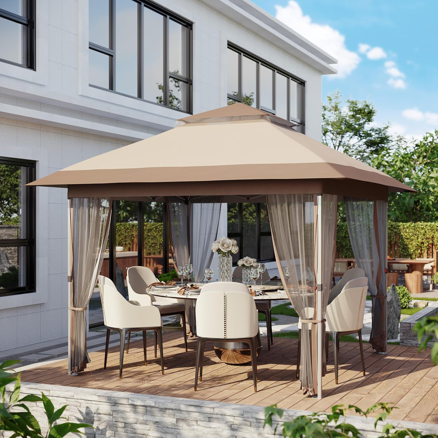 Homhougo Outdoor Gazebo Pop-Up Canopy Tent With Curtains, Mosquito ...