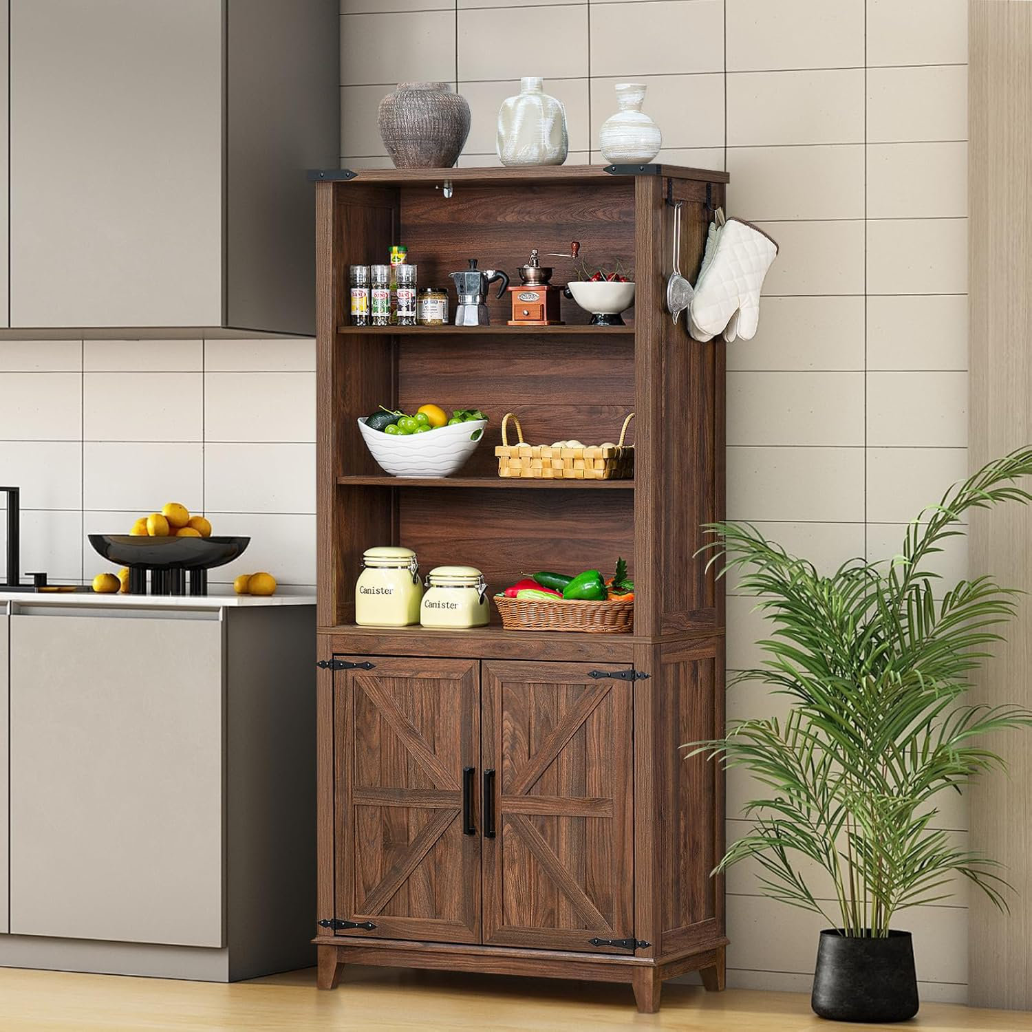 Gracie Oaks 70in Tall Bookshelf 5 Tier Bookcase with Barn Doors and ...