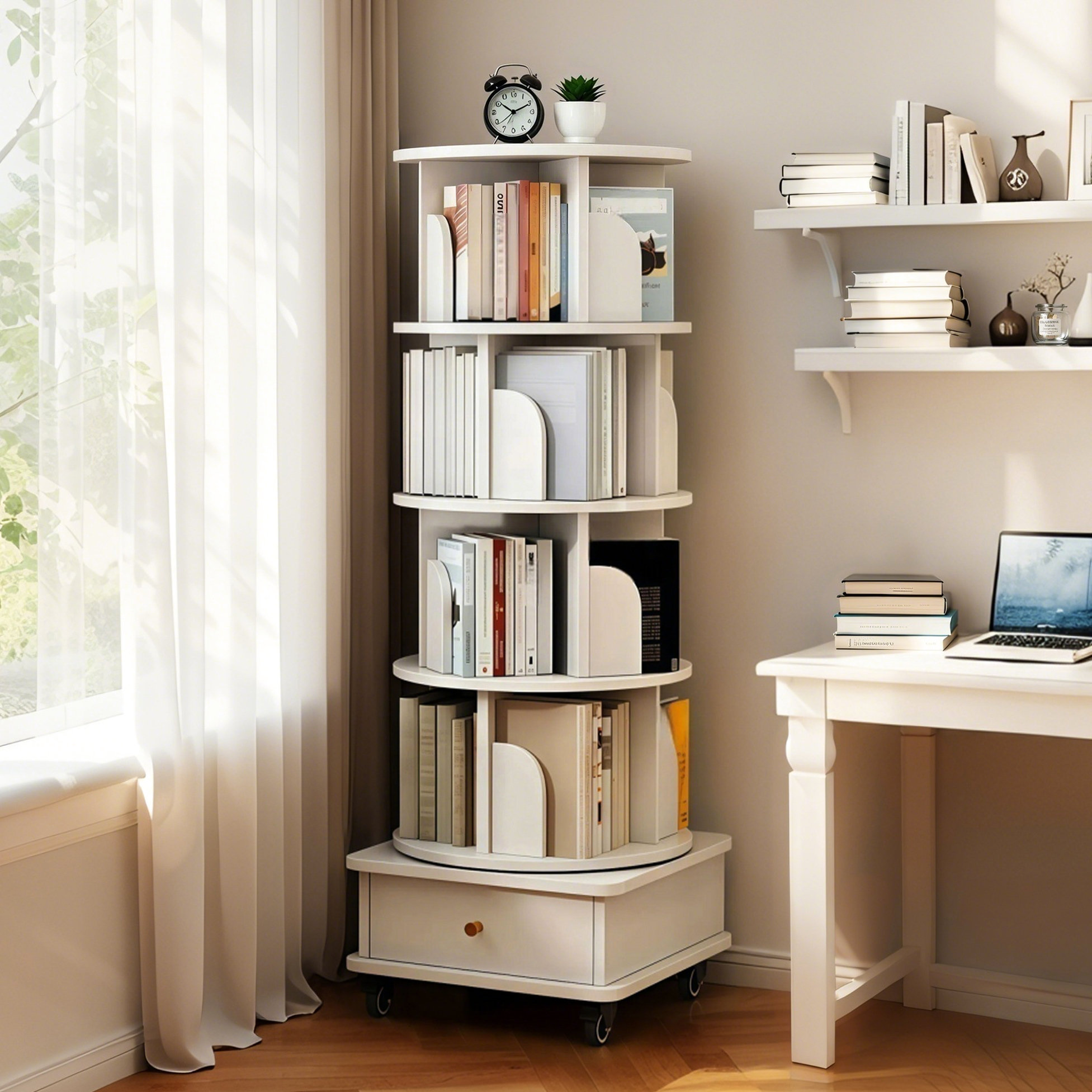 Kivaritio Warm White 6 Tier 360 Display Spinning Bookshelf With Wheels ...