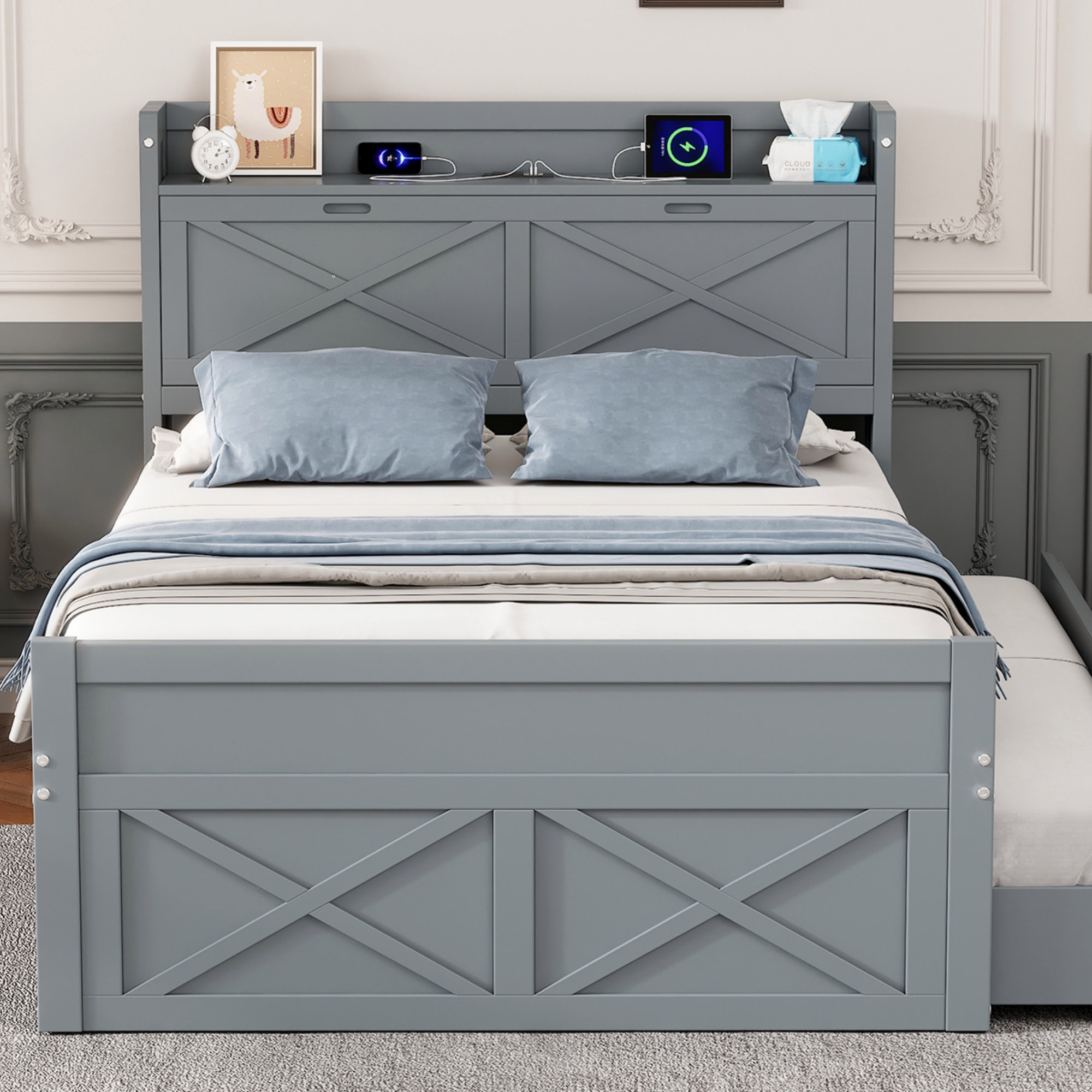 Gracie Oaks Full Size Wooden Bed With Storage Headboard With Outlets ...