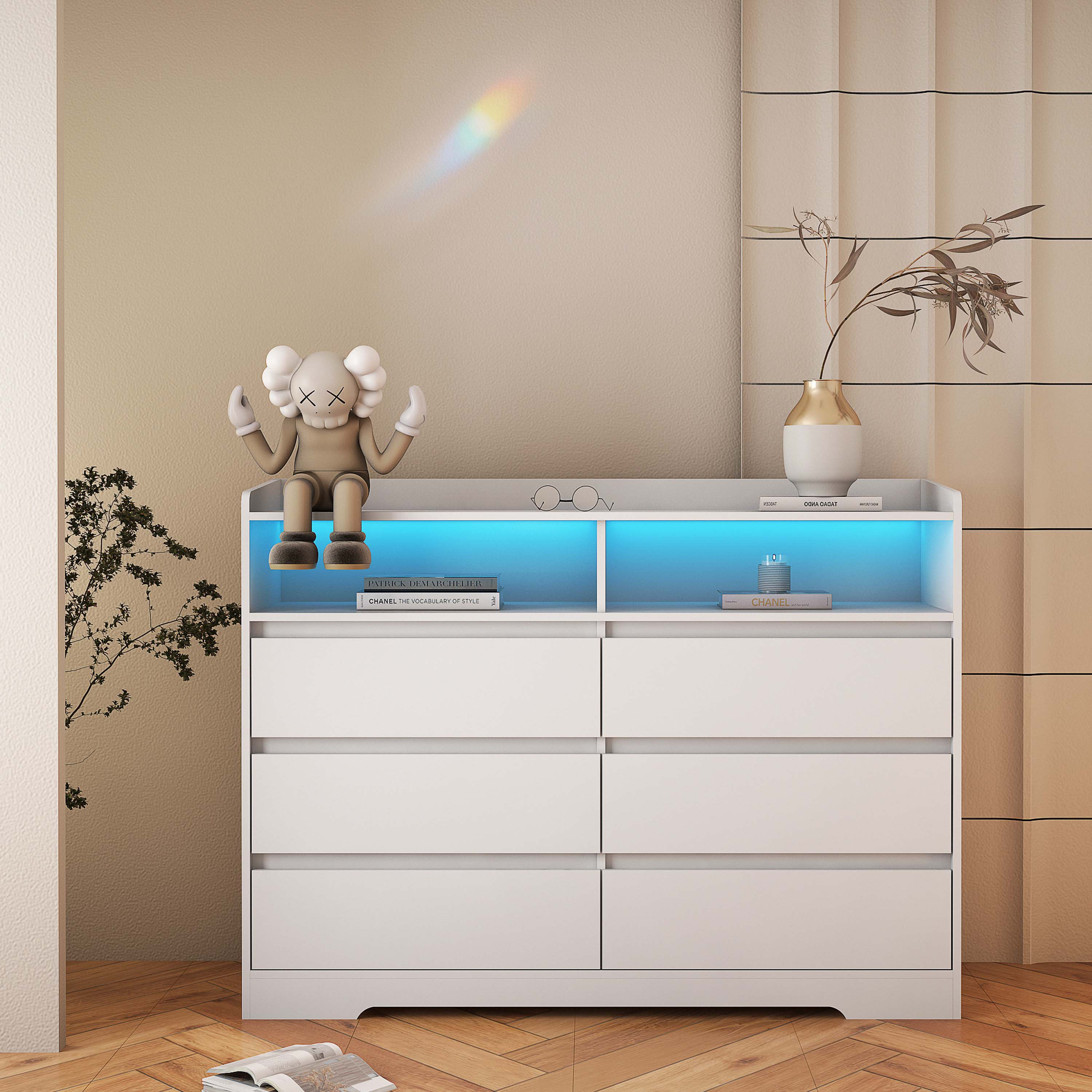 Ebern Designs 6 Drawer Dresser, White Dresser for Bedroom with LED ...