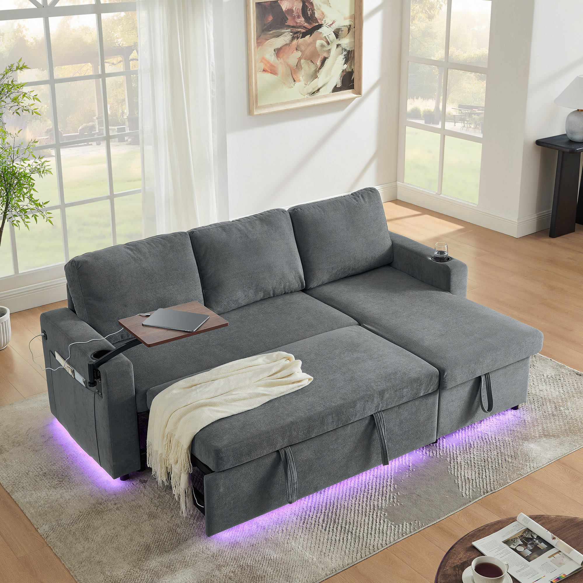 Ivy Bronx Chenille Multi-Functional Pull-Out Bed Sofa With Retractable ...