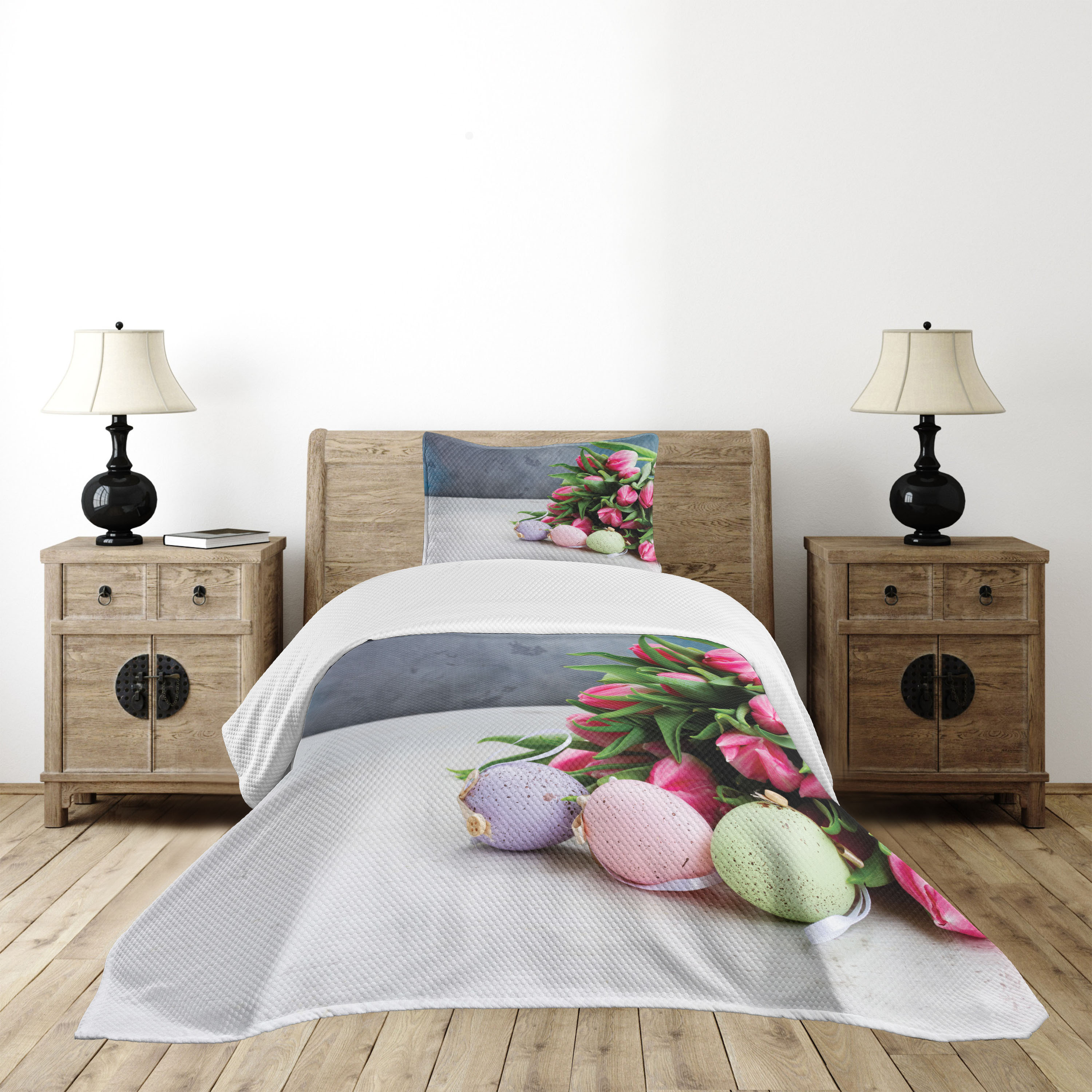 Ambesonne Natural Color Bedspread Set Tulips Easter Eggs Multicolor ...