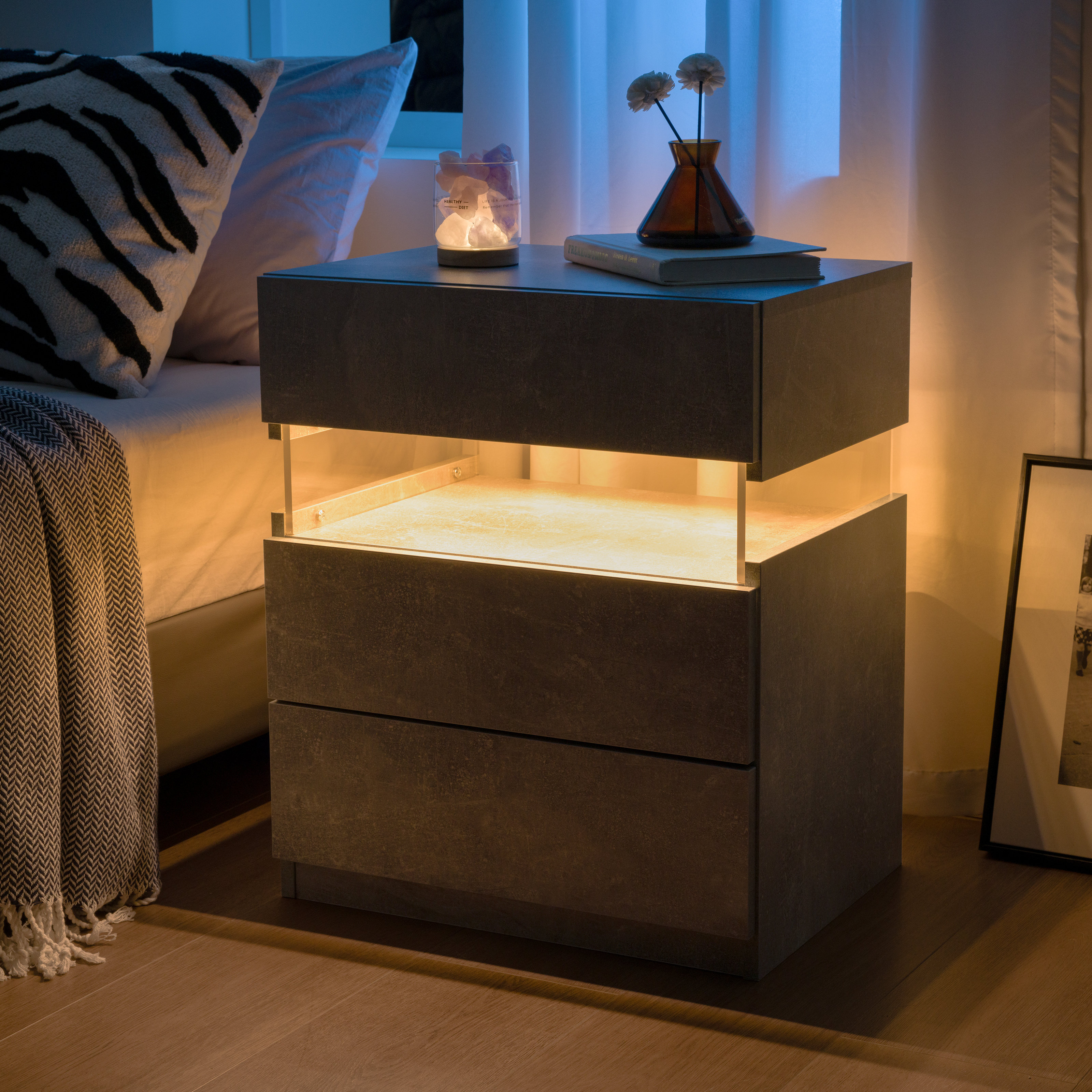 Wrought Studio™ LED Nightstands 3 Drawer Dresser End Table with Acrylic ...