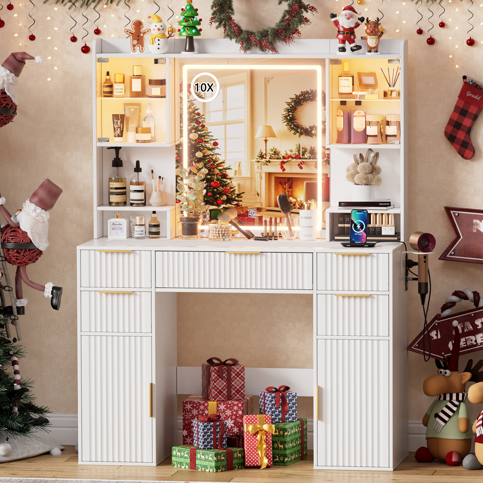 Mercer41 Vanity Desk With Mirror And Lights, Fluted Makeup Vanity Desk ...