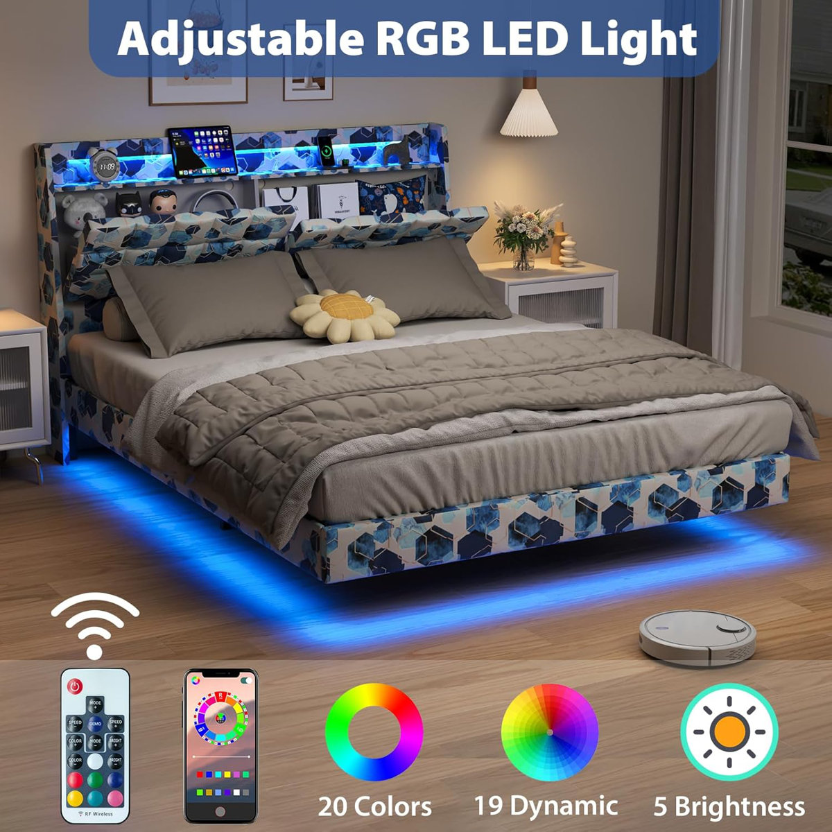 Ivy Bronx Floating King Bed Frame with Storage, Upholstered Platform ...