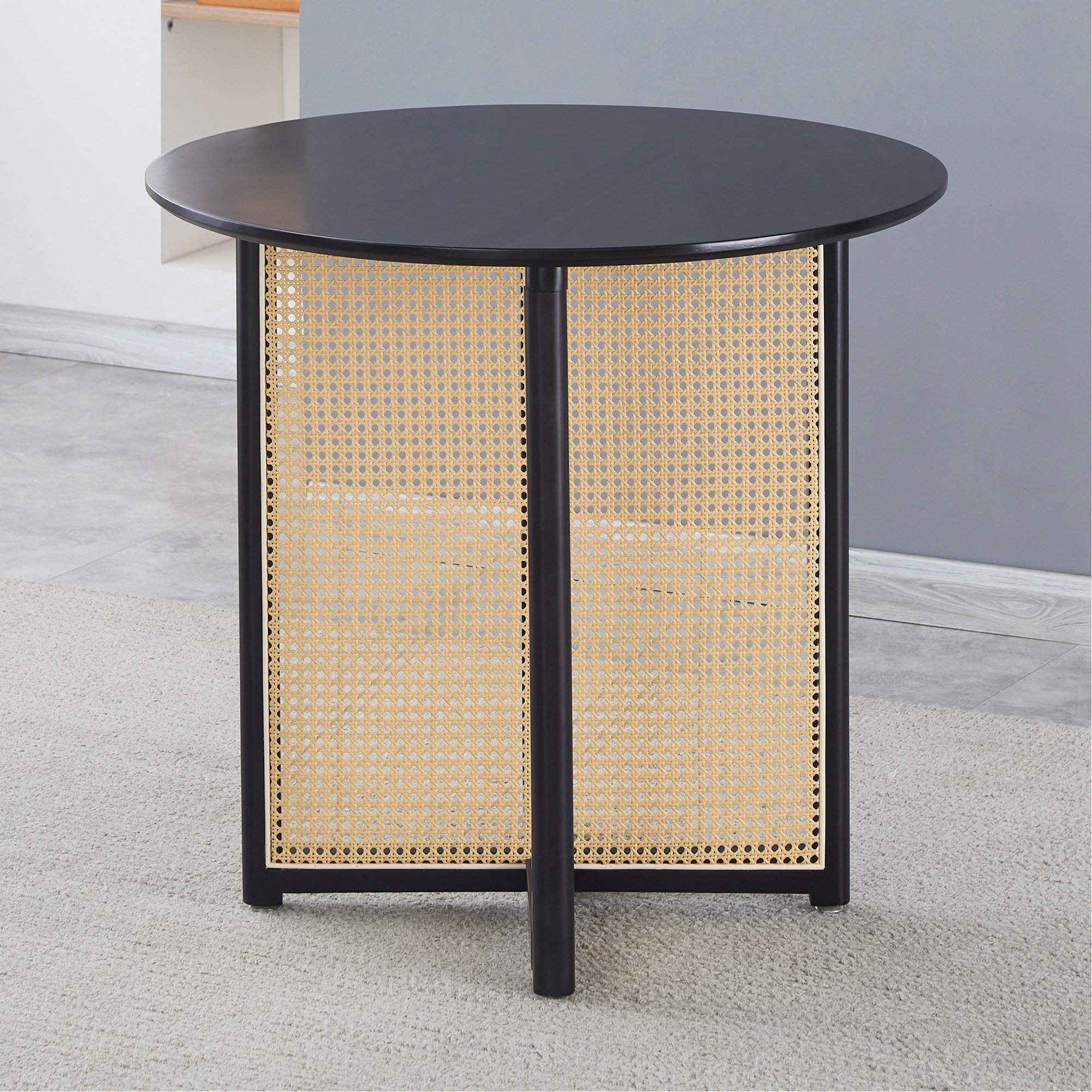 George Oliver Black Solid Wood Round Table, All Solid Wood And Rattan ...