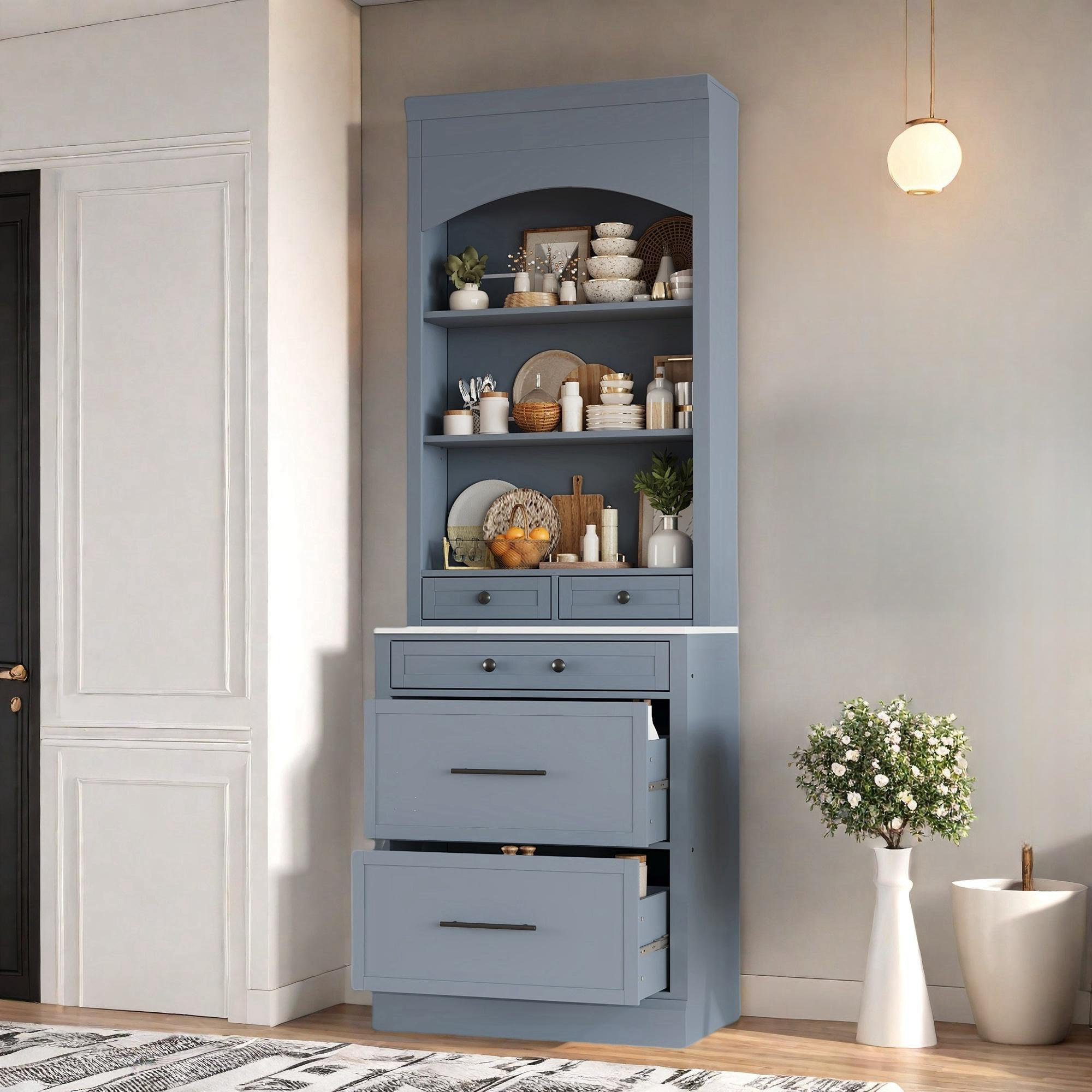 Everly Quinn Modern High Kitchen Pantry With Faux Marble Top, 5 Drawers ...