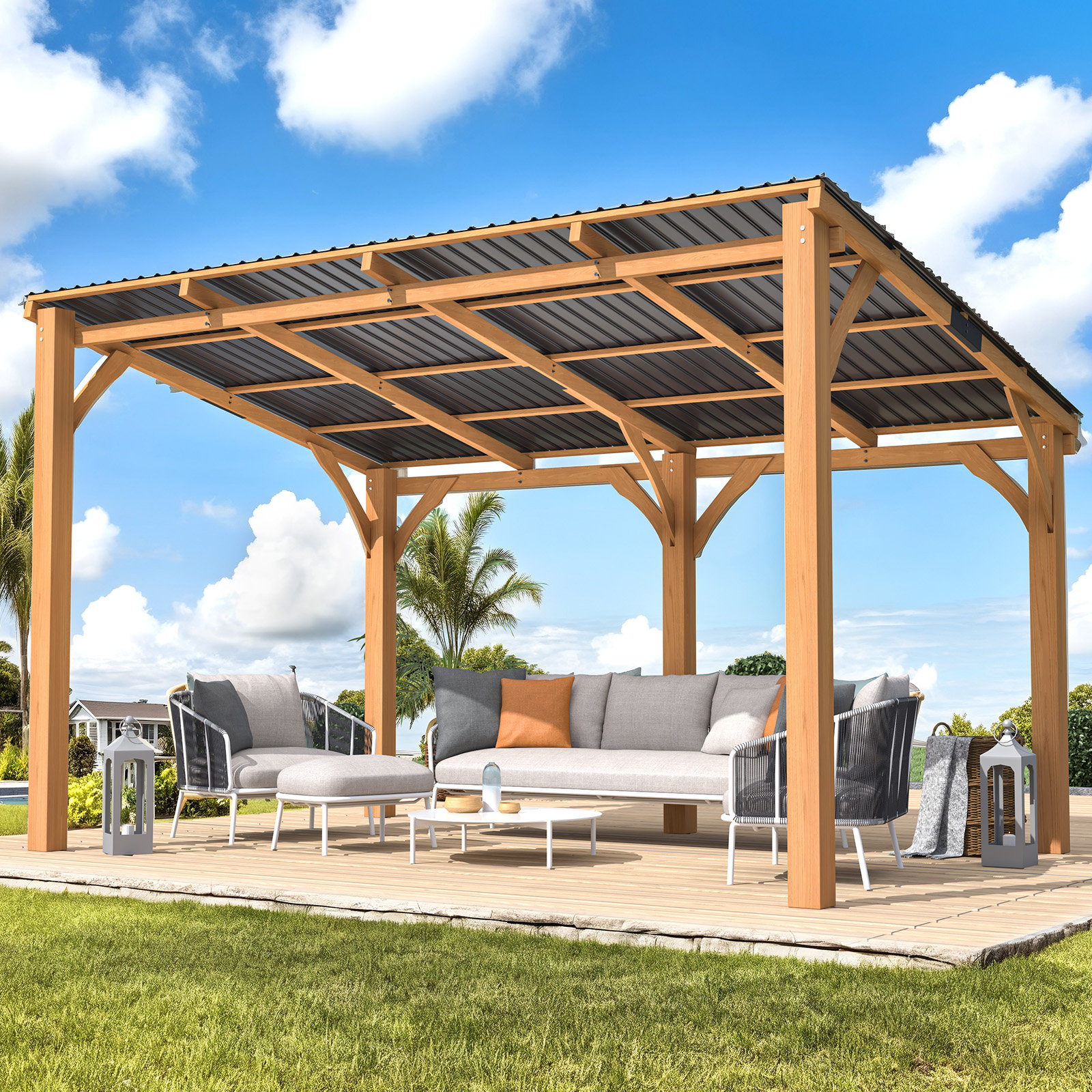 AECOJOY 14' X 10' Outdoor Wood Lean To Hardtop Pergolas And Gazebos ...