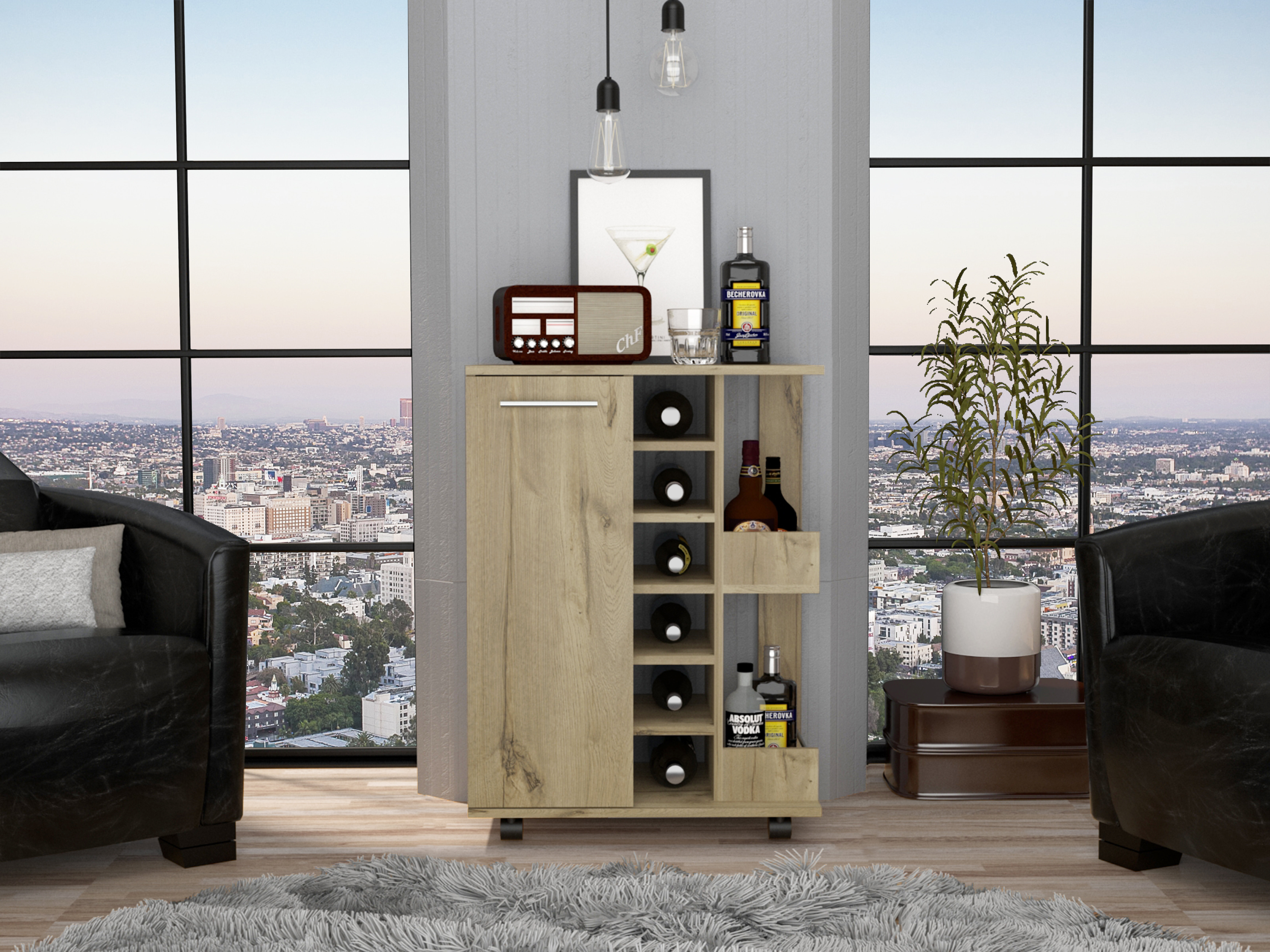 Wade Logan Rolling Bar Cart with Two External Shelves, a Single Door ...