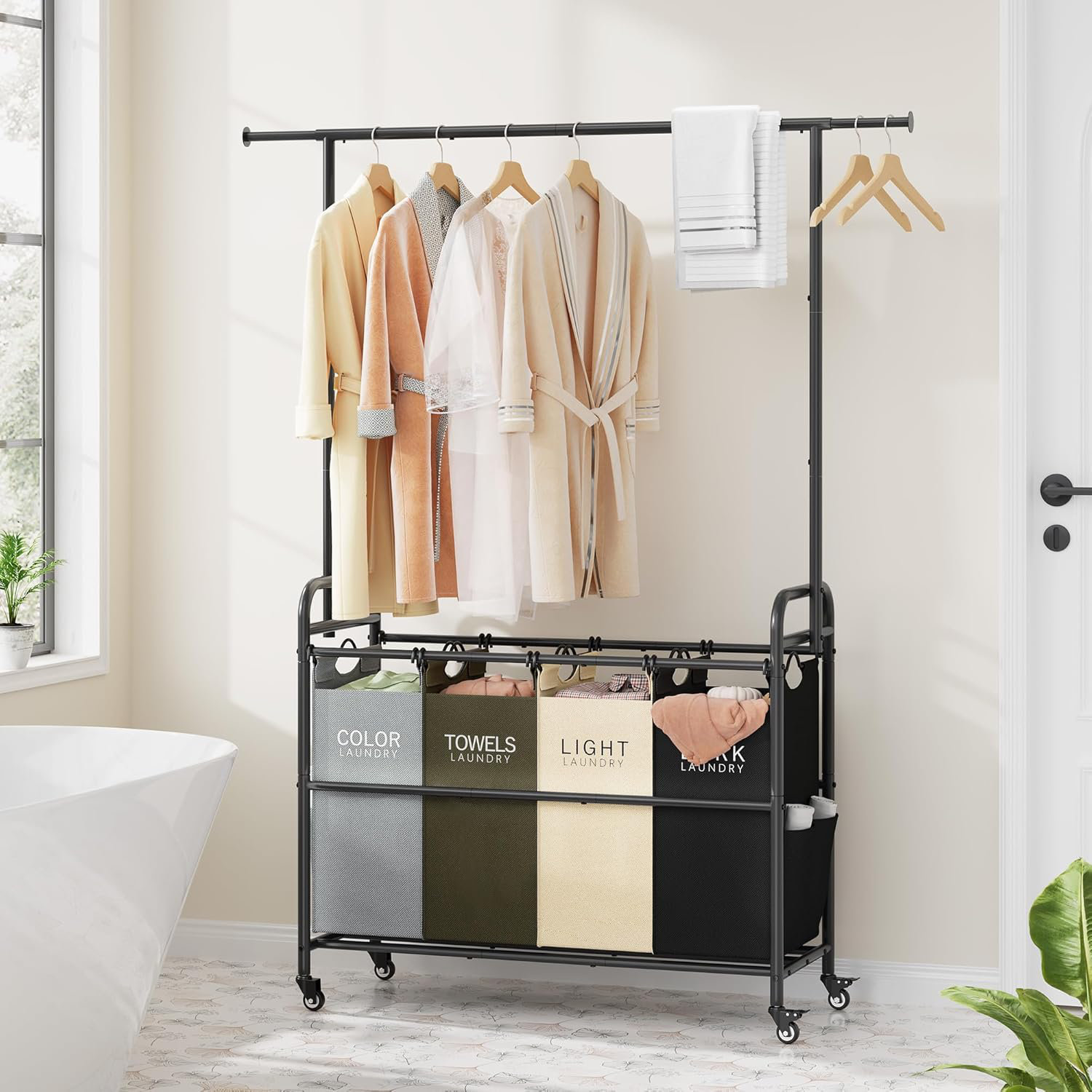 House Of Brands Fabric Rolling Laundry Sorter with Hanging Clothes Rack ...