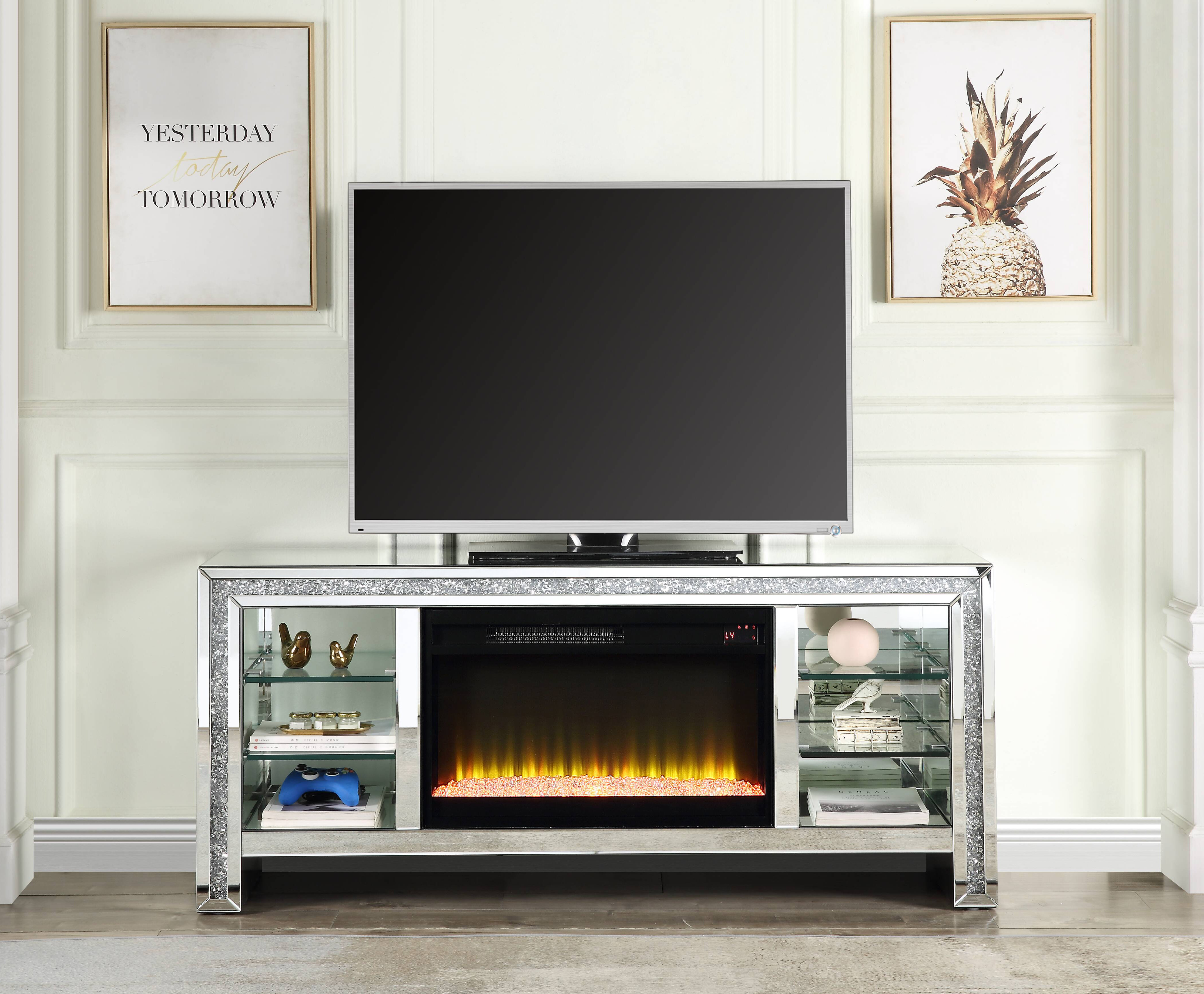 Everly Quinn TV Stand w/Fireplace & LED, Mirrored & Faux Diamonds | Wayfair