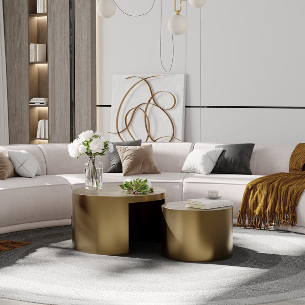 Mercer41 Brushed Gold Round Nesting Coffee Table Living Room Cocktail ...