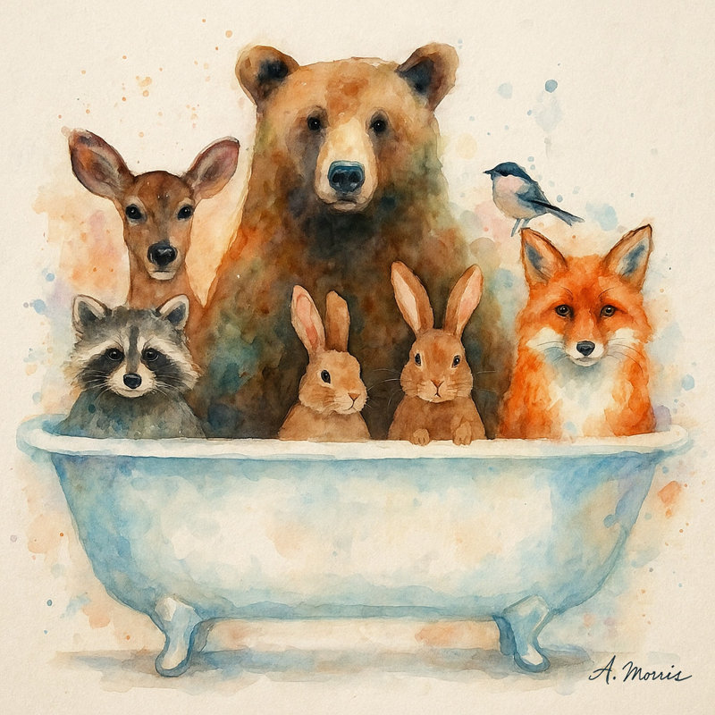 Trinx Tub Party – Woodland Animals in Bathtub Canvas Wall Art | Wayfair