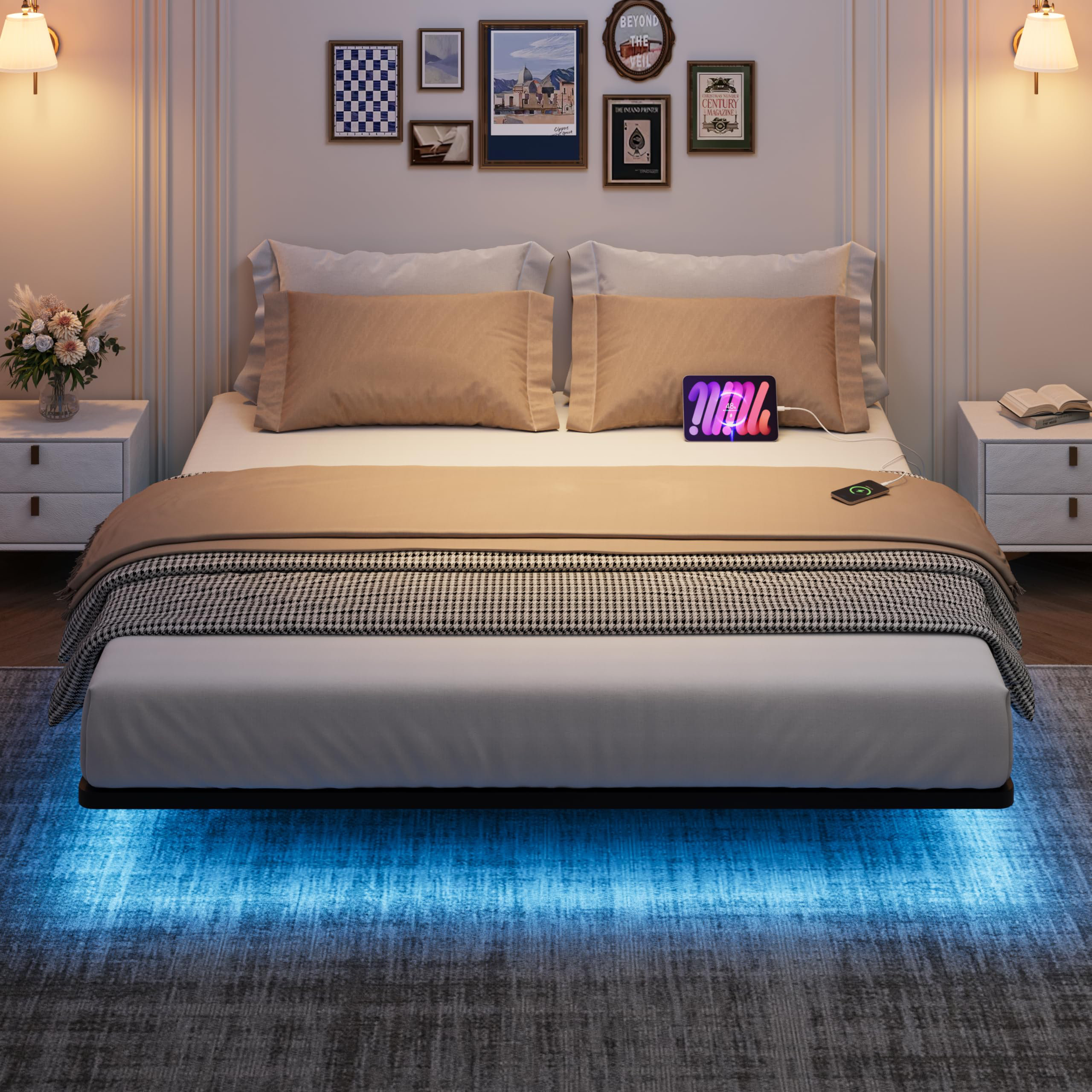 Wrought Studio™ Floating Bed Frame, Bed Frame With Led Lights, Charging ...