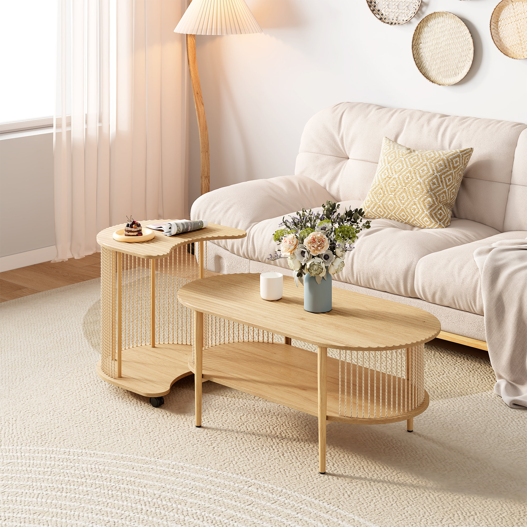 Bay Isle Home™ Boho Natural Fibre Rope Coffee Table Set With Wheels ...