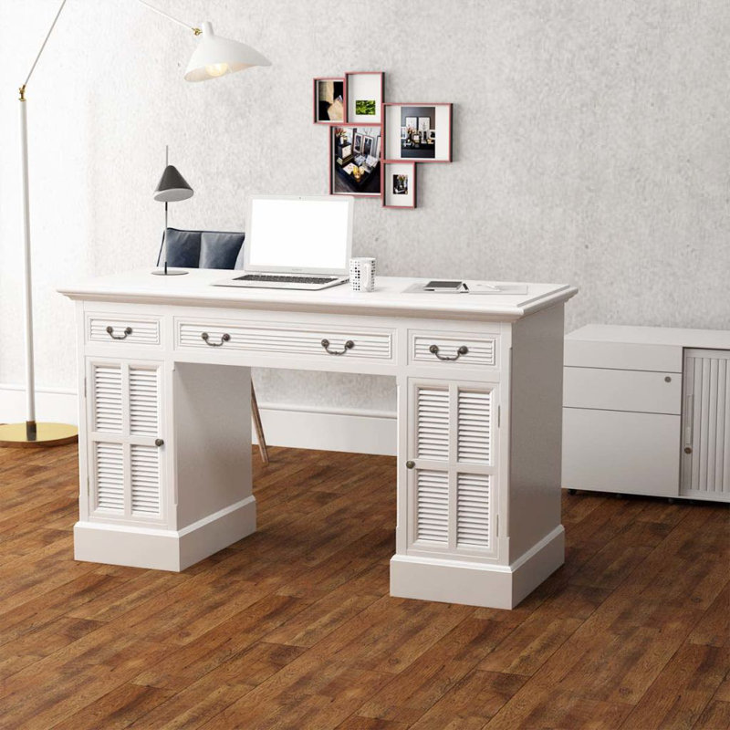 vidaXL Double Pedestal Desk White MDF and Pine Wood Medium Computer ...