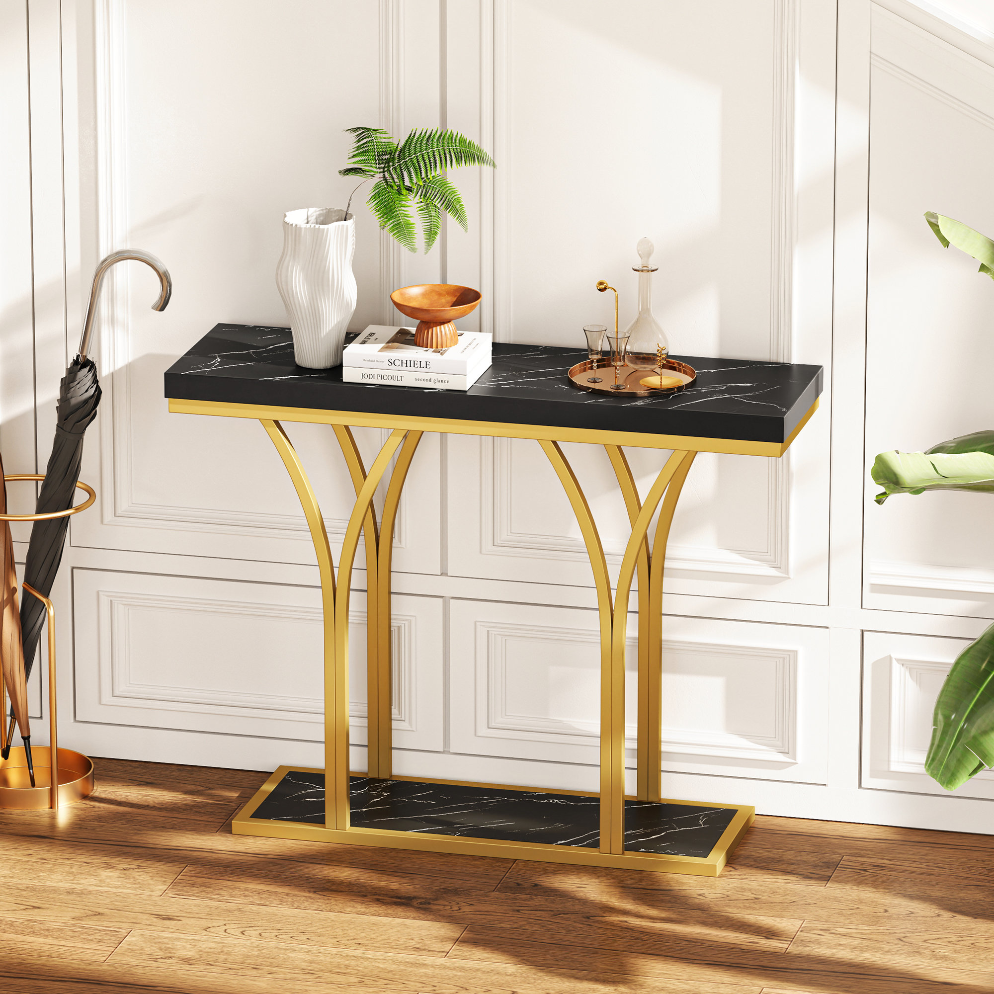 Mercer41 39.3" Console Table With Faux Marble Top, LED Light & Gold ...