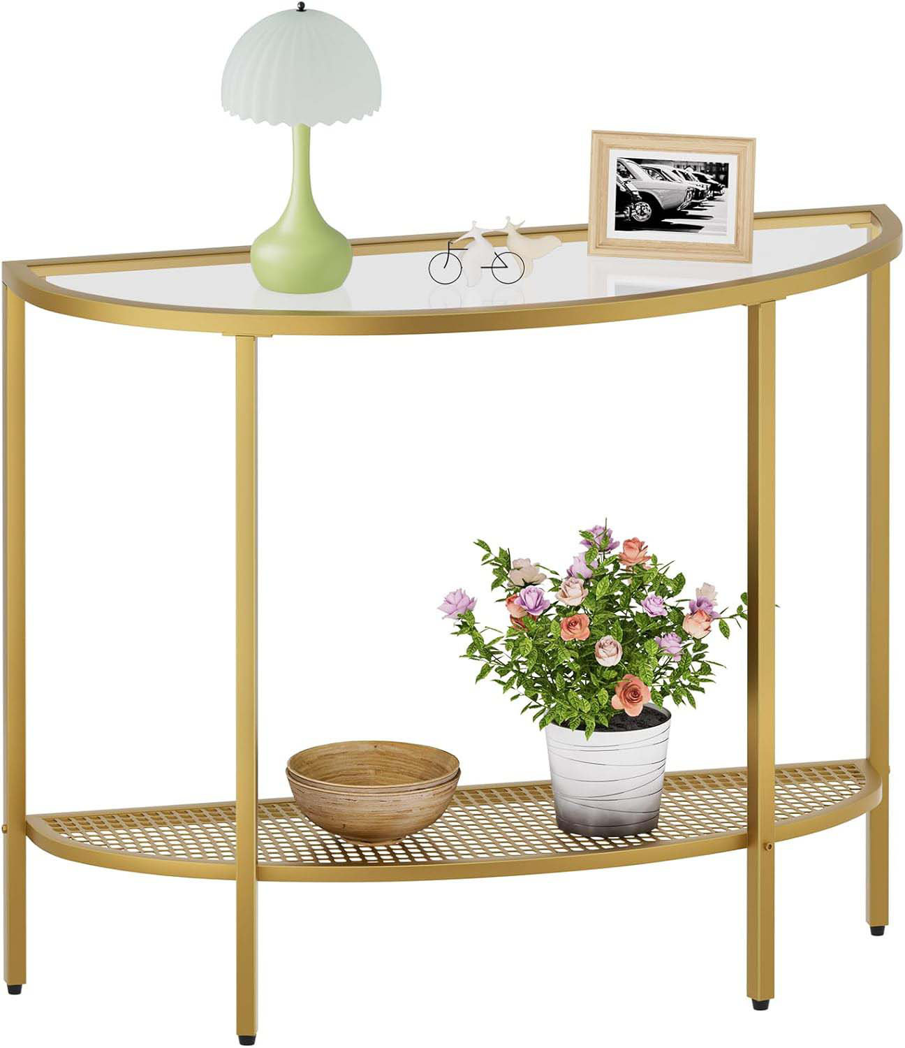 Everly Quinn Glass Half Moon Console Table 2 Tier Narrow Entryway Table ...