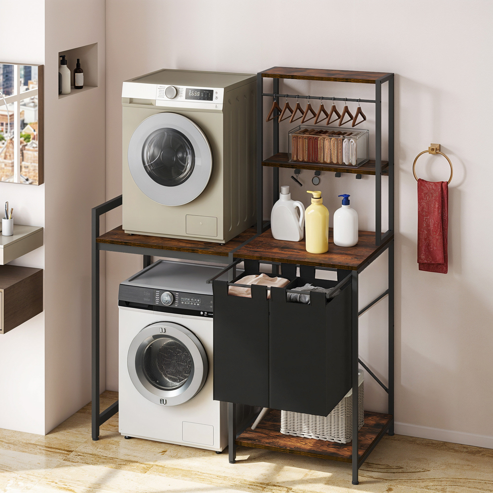 Edrosie Inc Over-the-Washer Laundry Storage with Hamper & Countertop ...