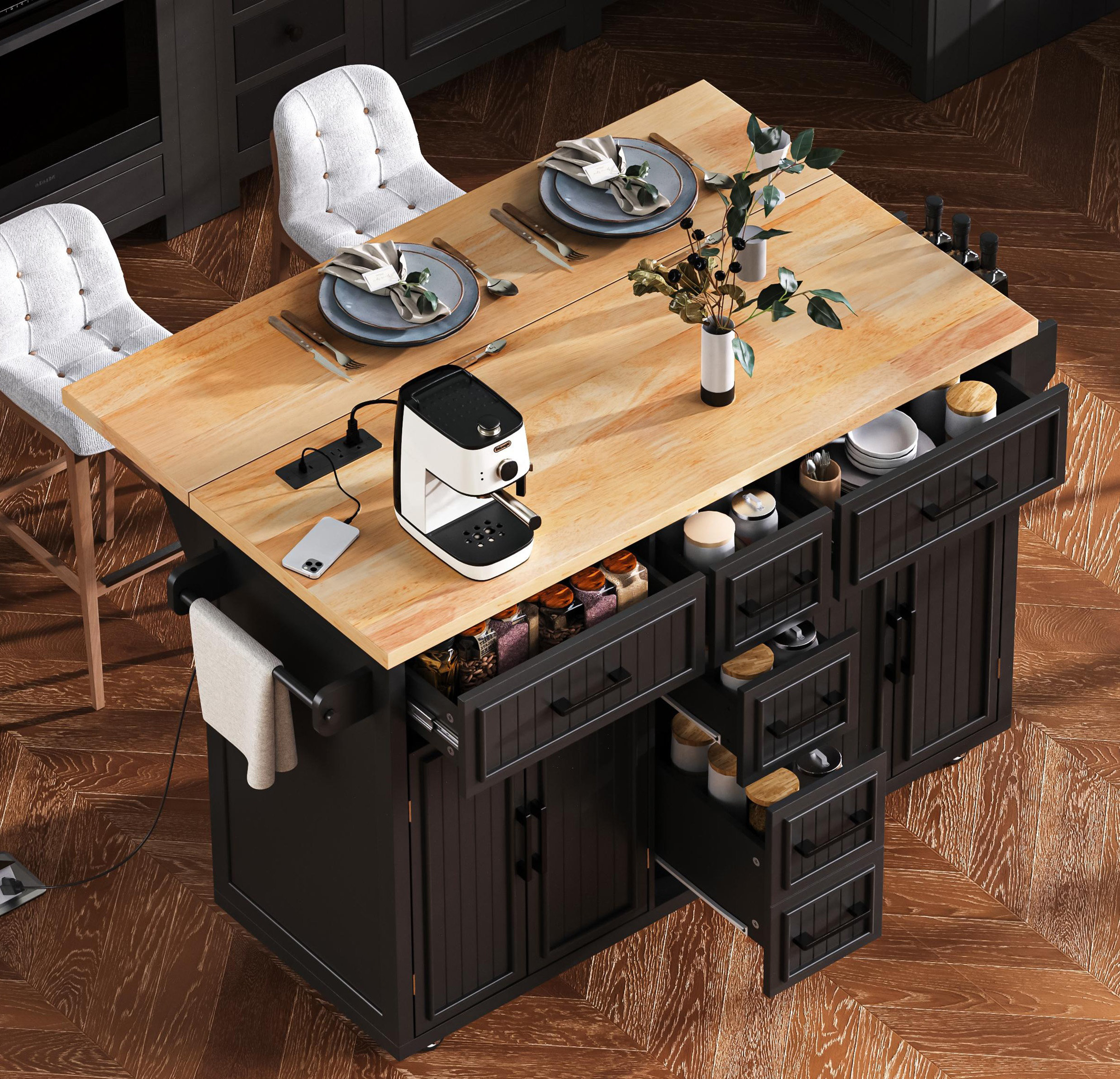 Lark Manor™ K&K 56.5" Kitchen Island with Drop Leaf, Power Outlet ...