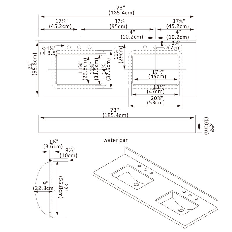 Vinnova Jaen 73'' Stone Double Vanity Top with Sink and 3 Faucet Holes ...
