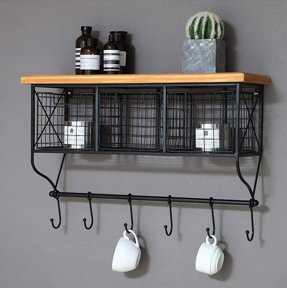 17 Stories Industrial Wall Mounted Metal Wood Shelf With Baskets Hooks ...