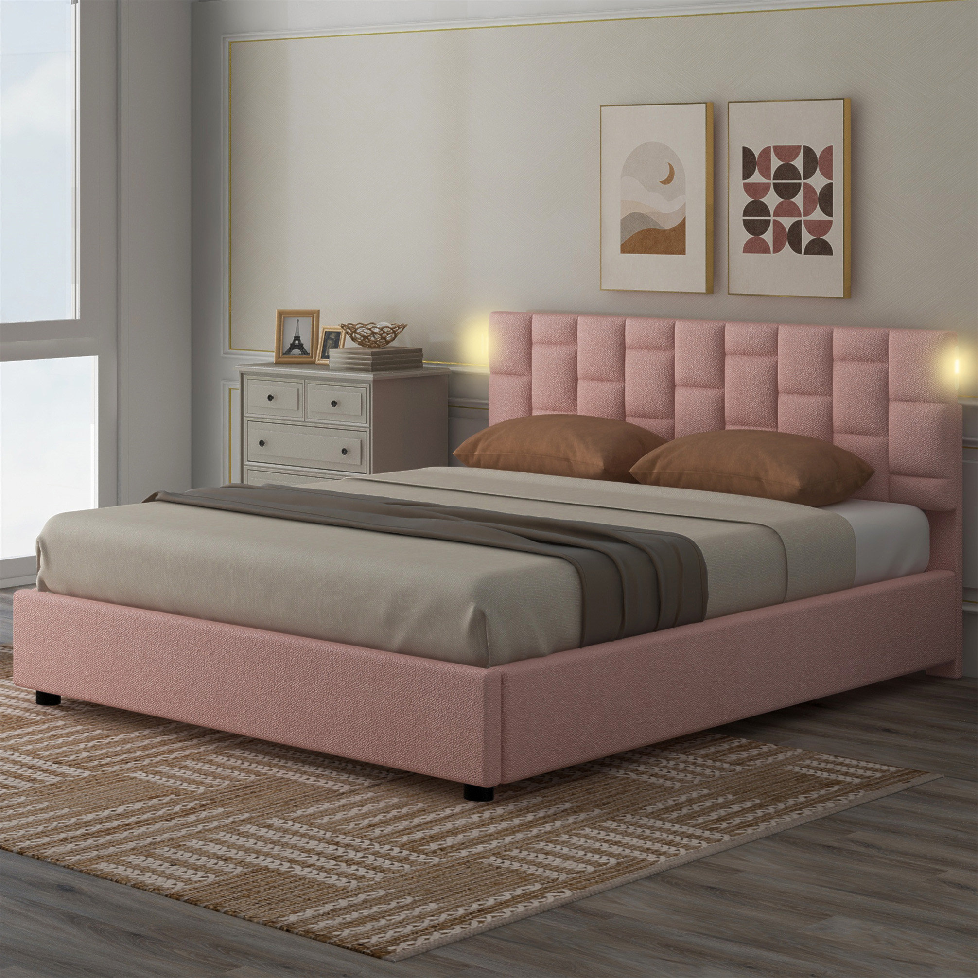 STYLISH Queen Size Upholstered Platform Bed With Height-Adjustable ...