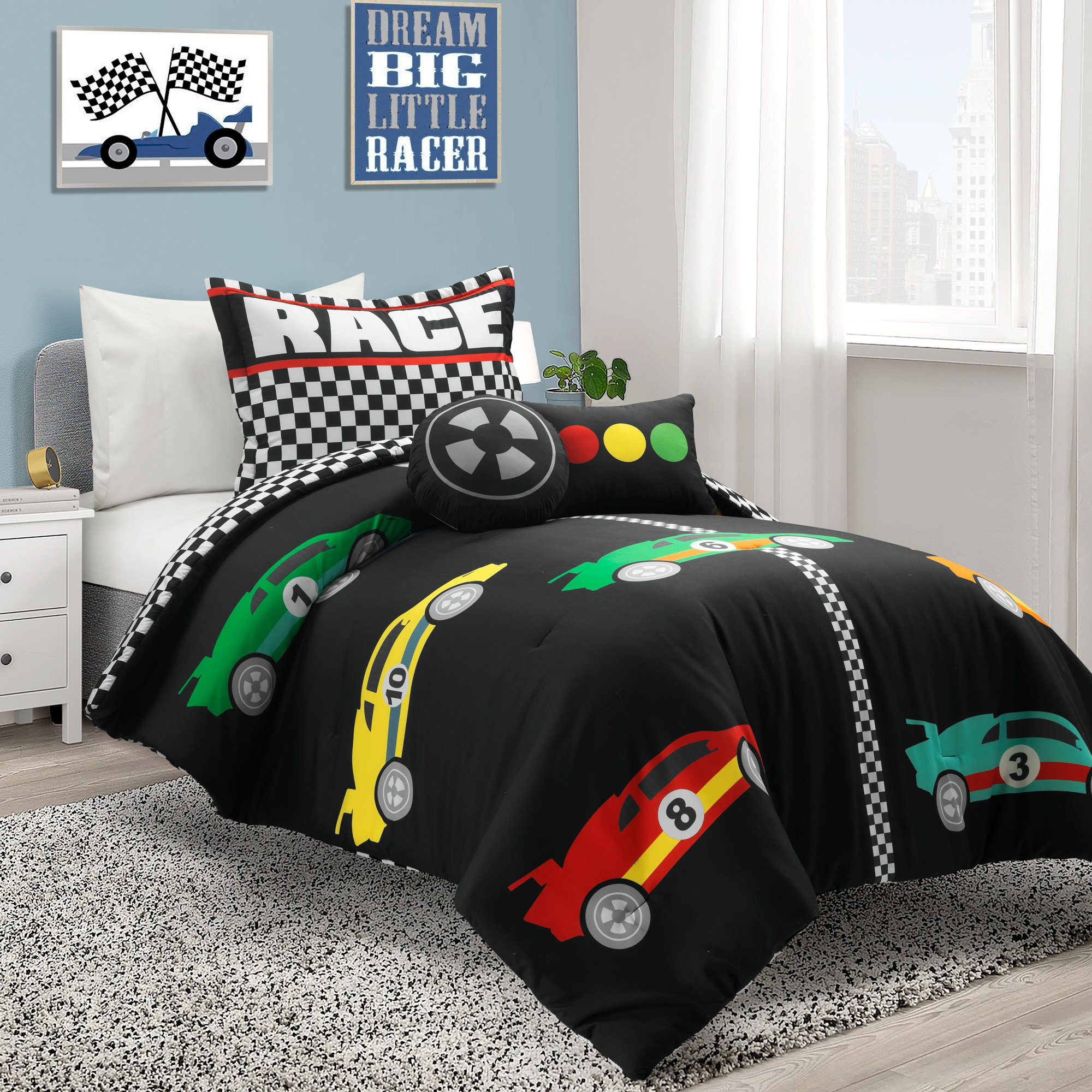 Lush Decor Racing Cars Black Reversible 4 Piece Comforter Set & Reviews ...
