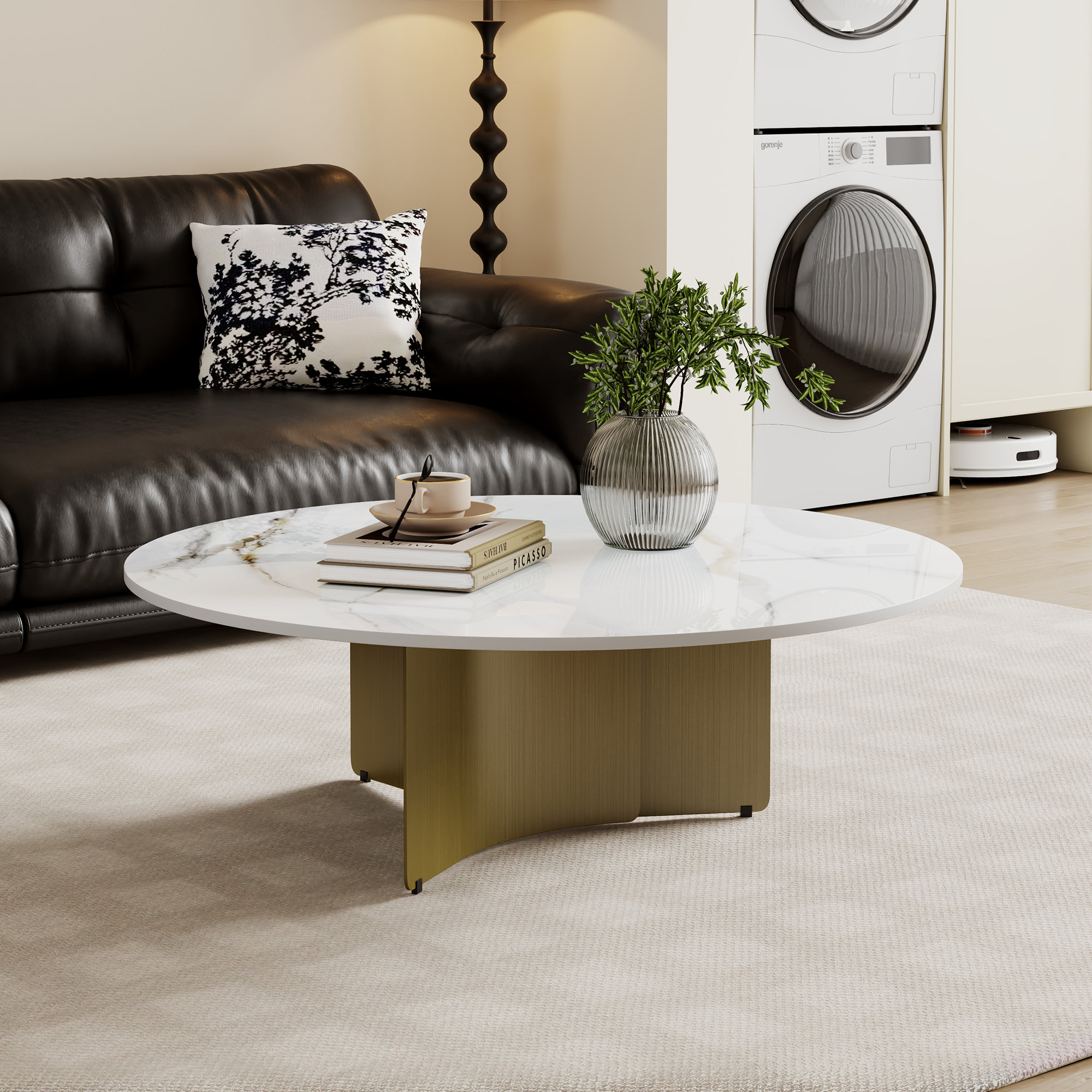 Dakota Fields Round Coffee Table: White Glossy Sintered Stone Top with ...