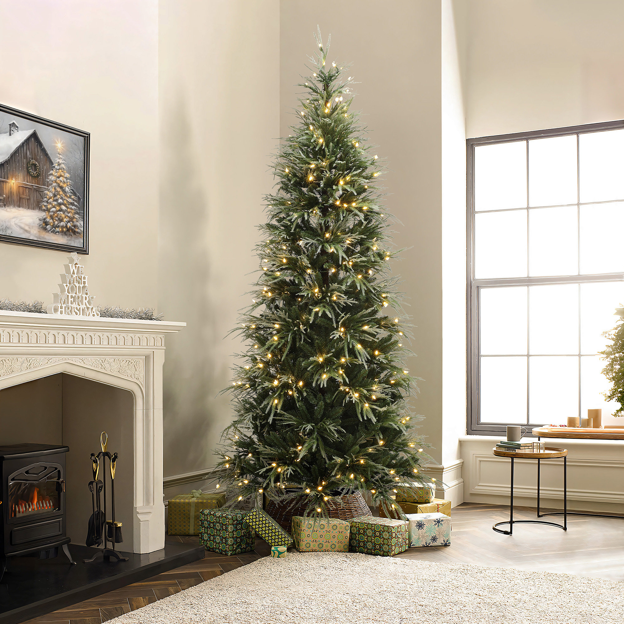 Red Barrel Studio® 7.5Ft Pre-Lit Green and Flocked Slim Artificial ...