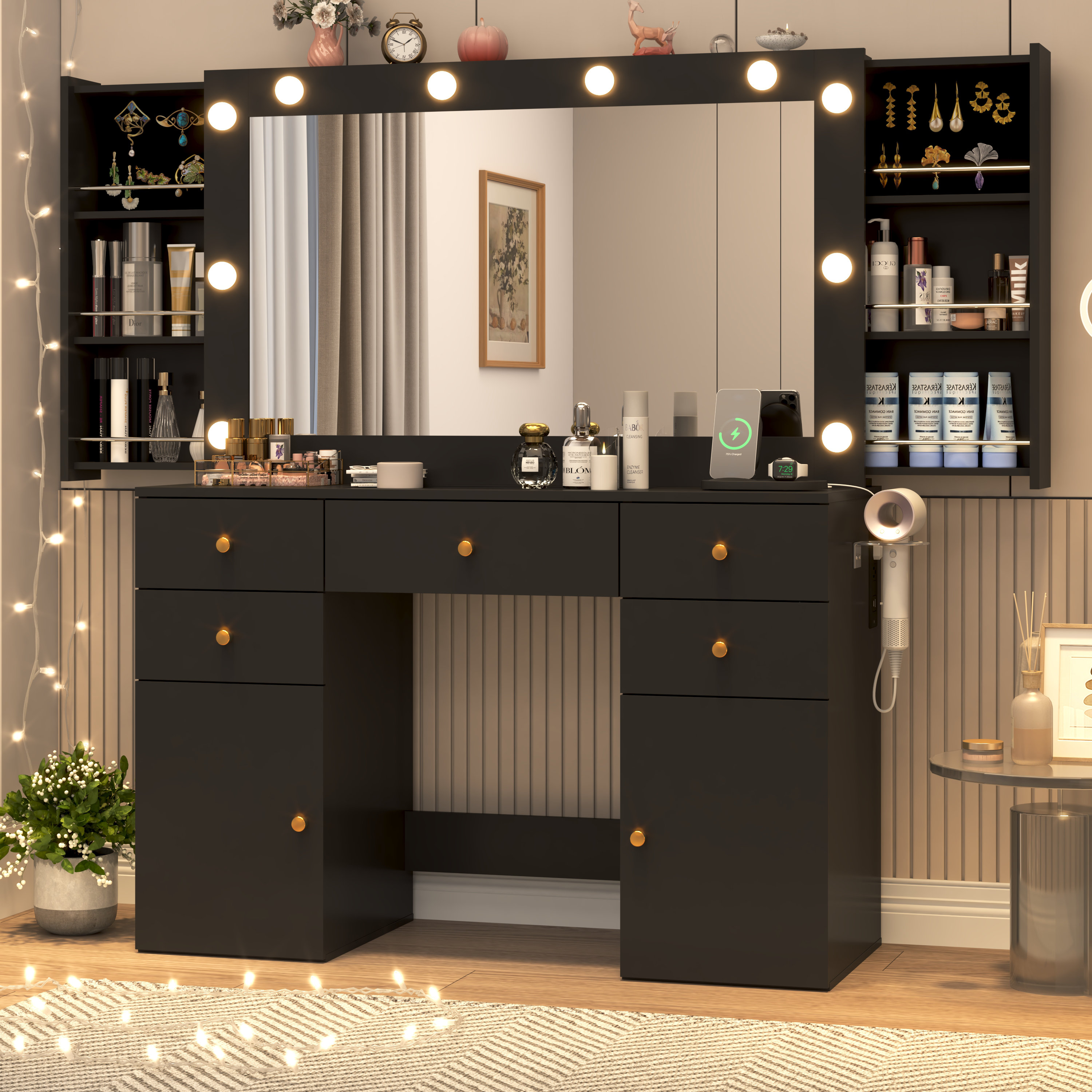 Ebern Designs Makeup Vanity Table with Lighted Mirror, Tempered-glass ...