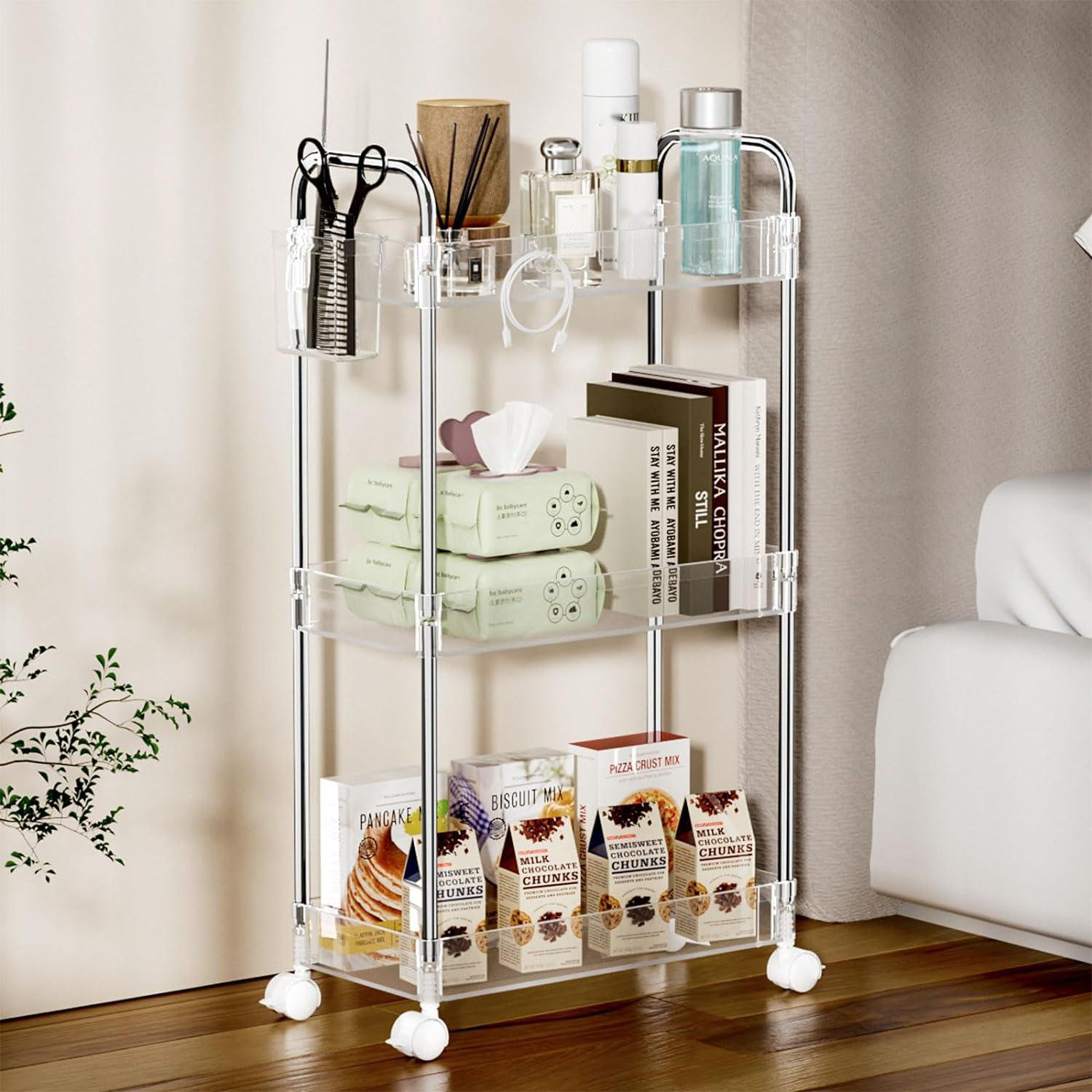 Elaine Mercure 3 Tier Acrylic Storage Rolling Cart Clear Bathroom Cart ...