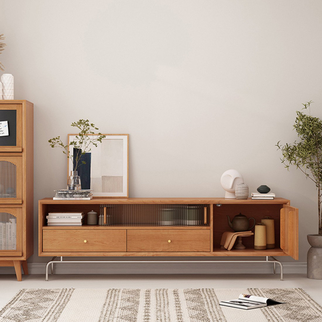 East Urban Home Modern Cherry Wood Color Solid Wood TV Stands | Wayfair