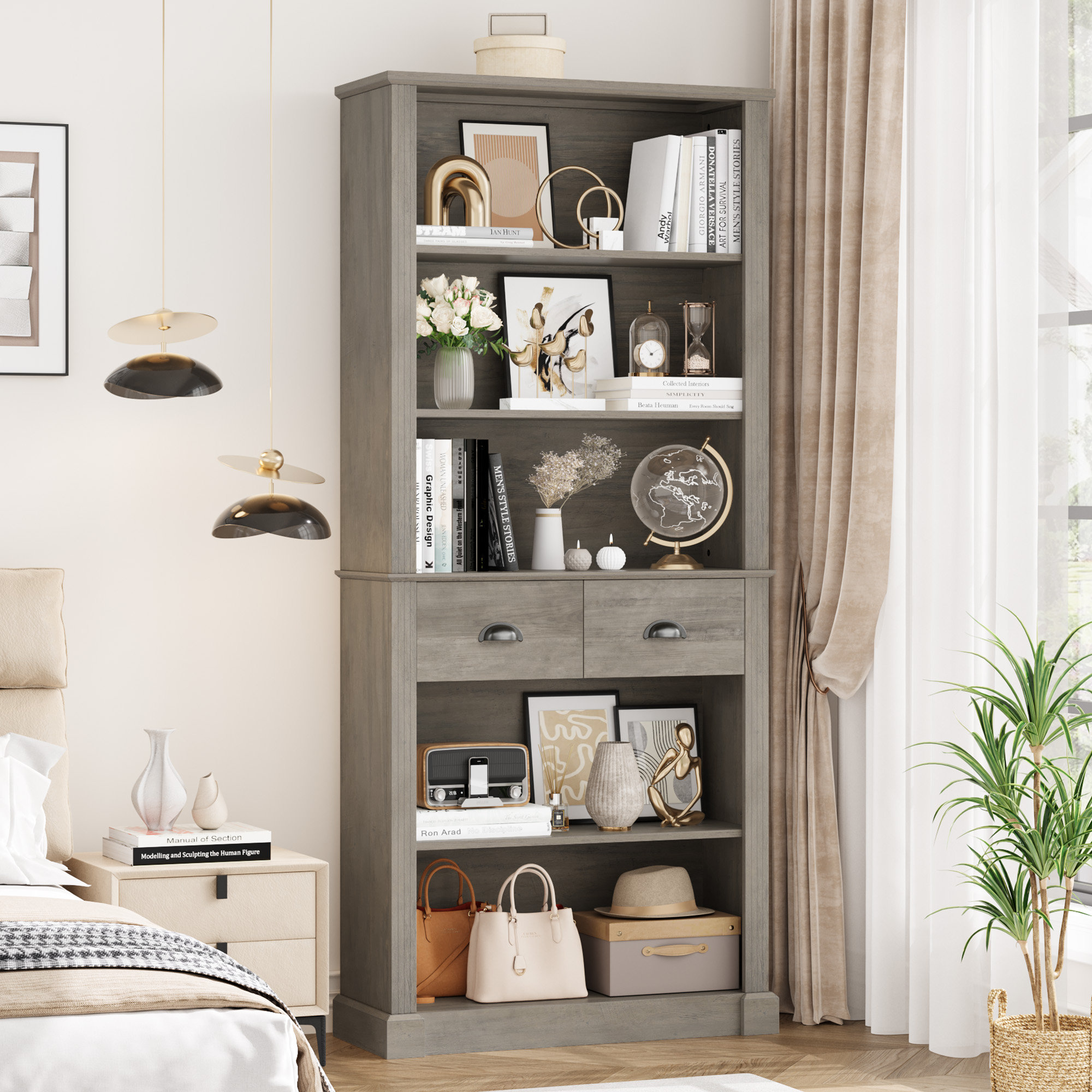 Gracie Oaks 72"H Wood Standard Storage Bookcase with 2 Drawers ...