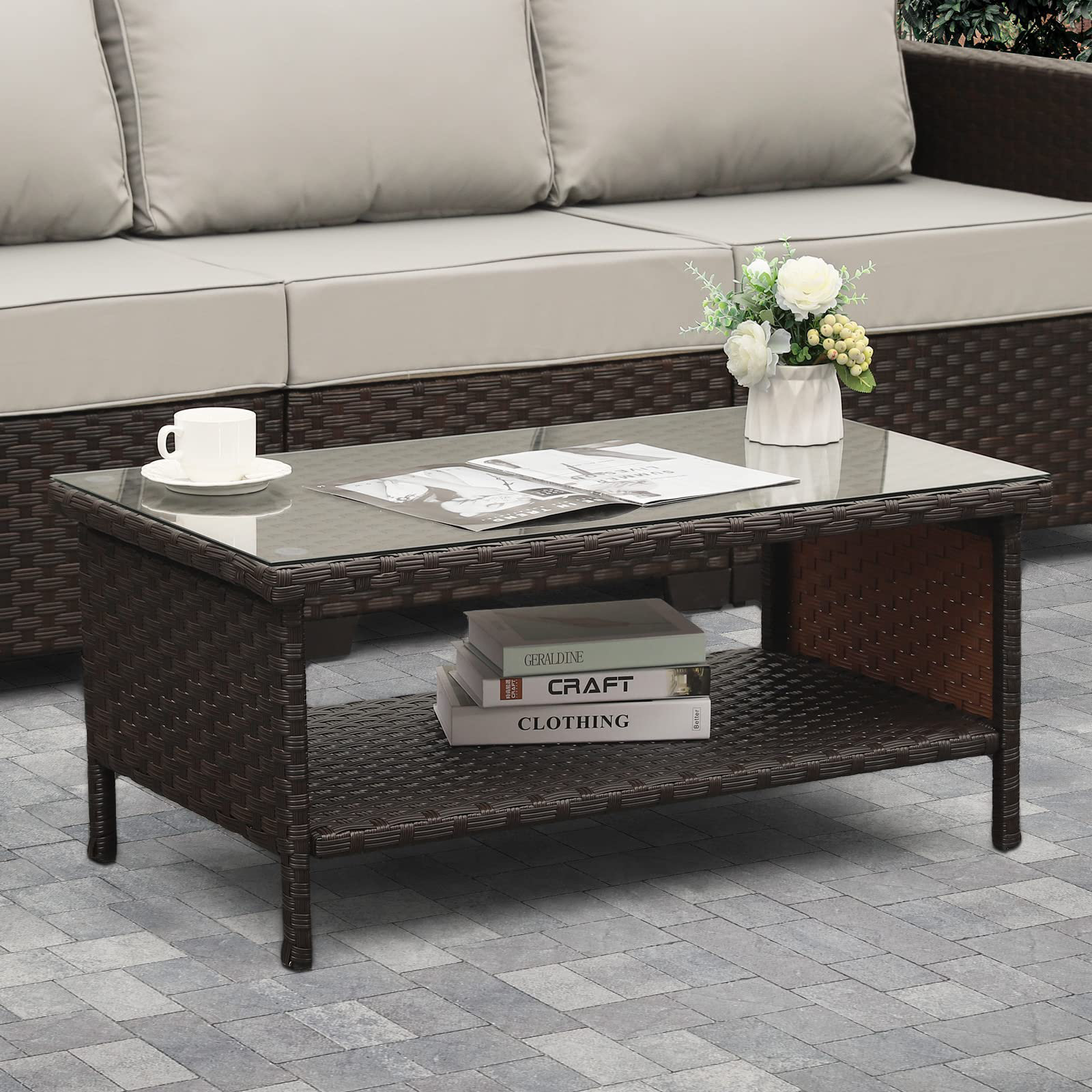 Latitude Run® Outdoor Wicker Coffee Table Patio Table 2-layer Glass ...