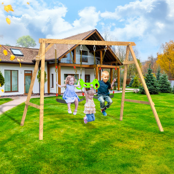 EROMMY Wooden Swing Sets For Backyard With 2 Belt Swings And Trapeze ...